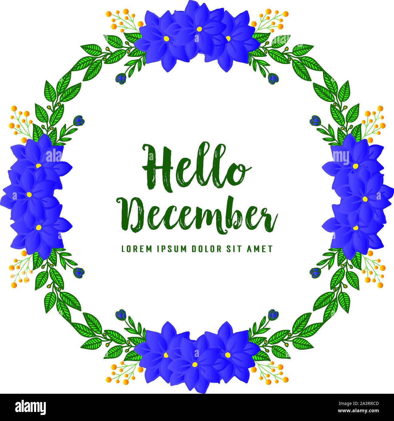 Lettering hello december, with beautiful purple flower frame. Vector ...