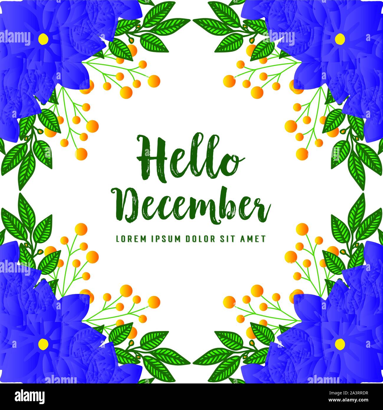 Lettering text of hello december, with art of purple flower frame ...