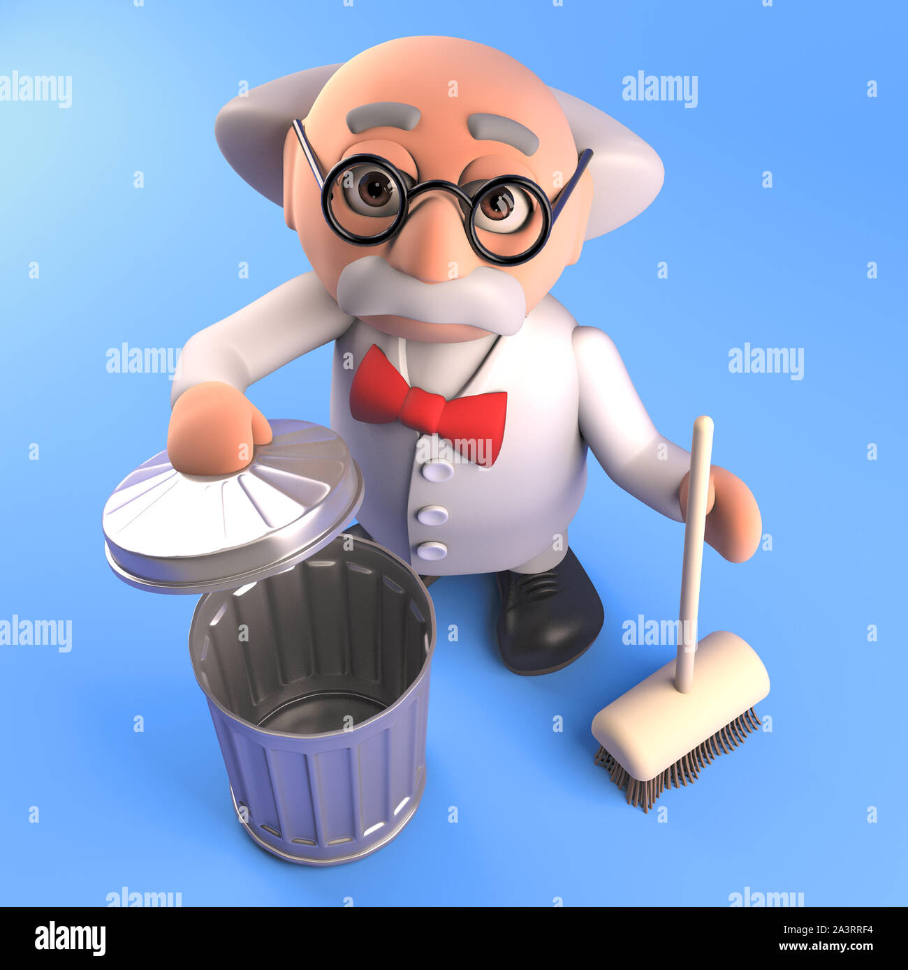 Tidy mad scientist professor cleans up with his broom, 3d render ...