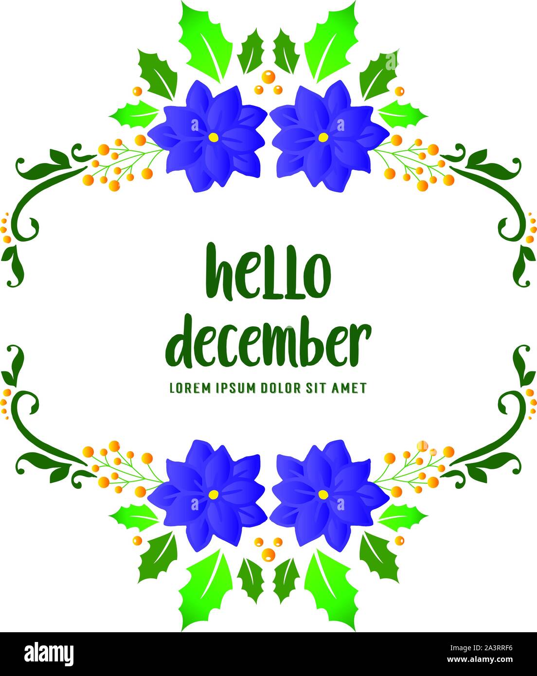 Lettering text of hello december, with art of purple flower frame ...