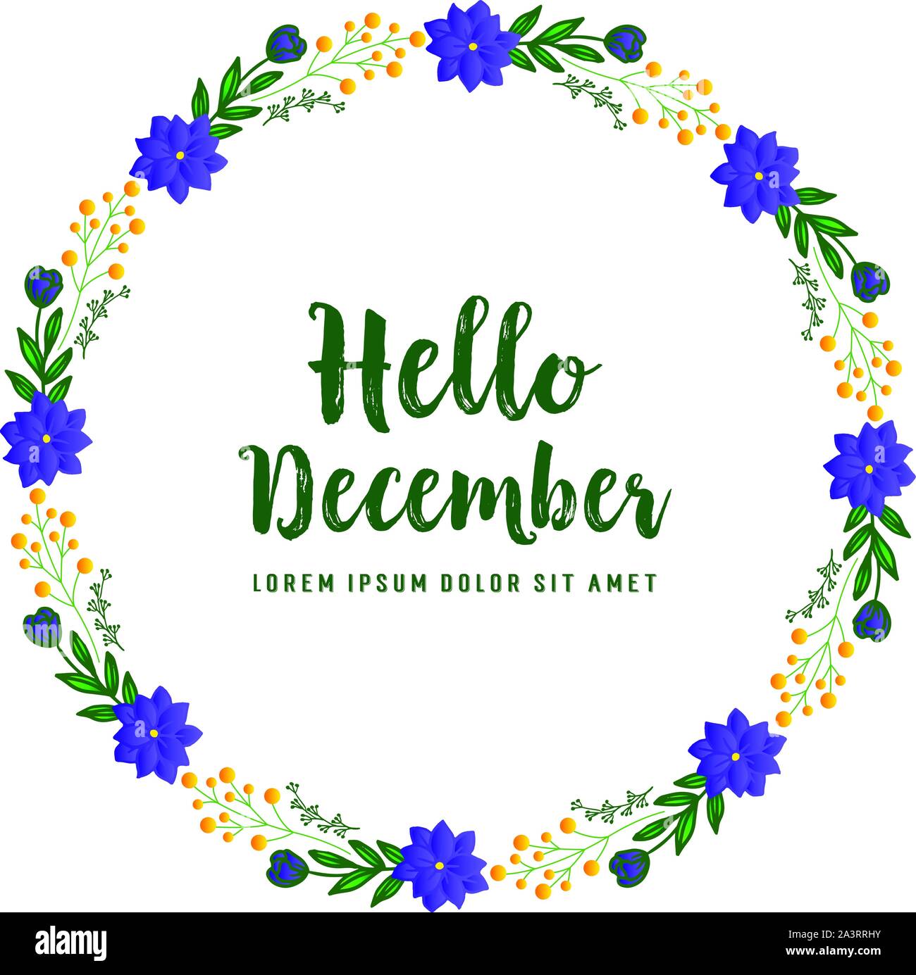 Card of hello december, with abstract purple flower frame background ...