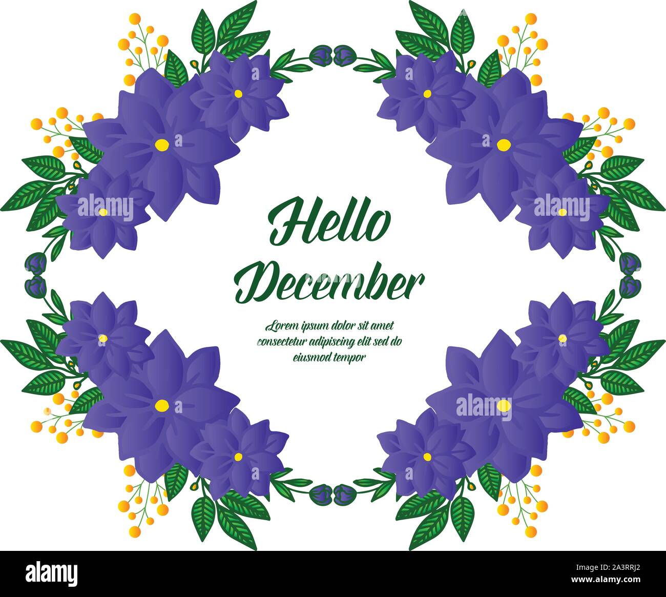 Decorative of card hello december, with feature purple flower frame ...