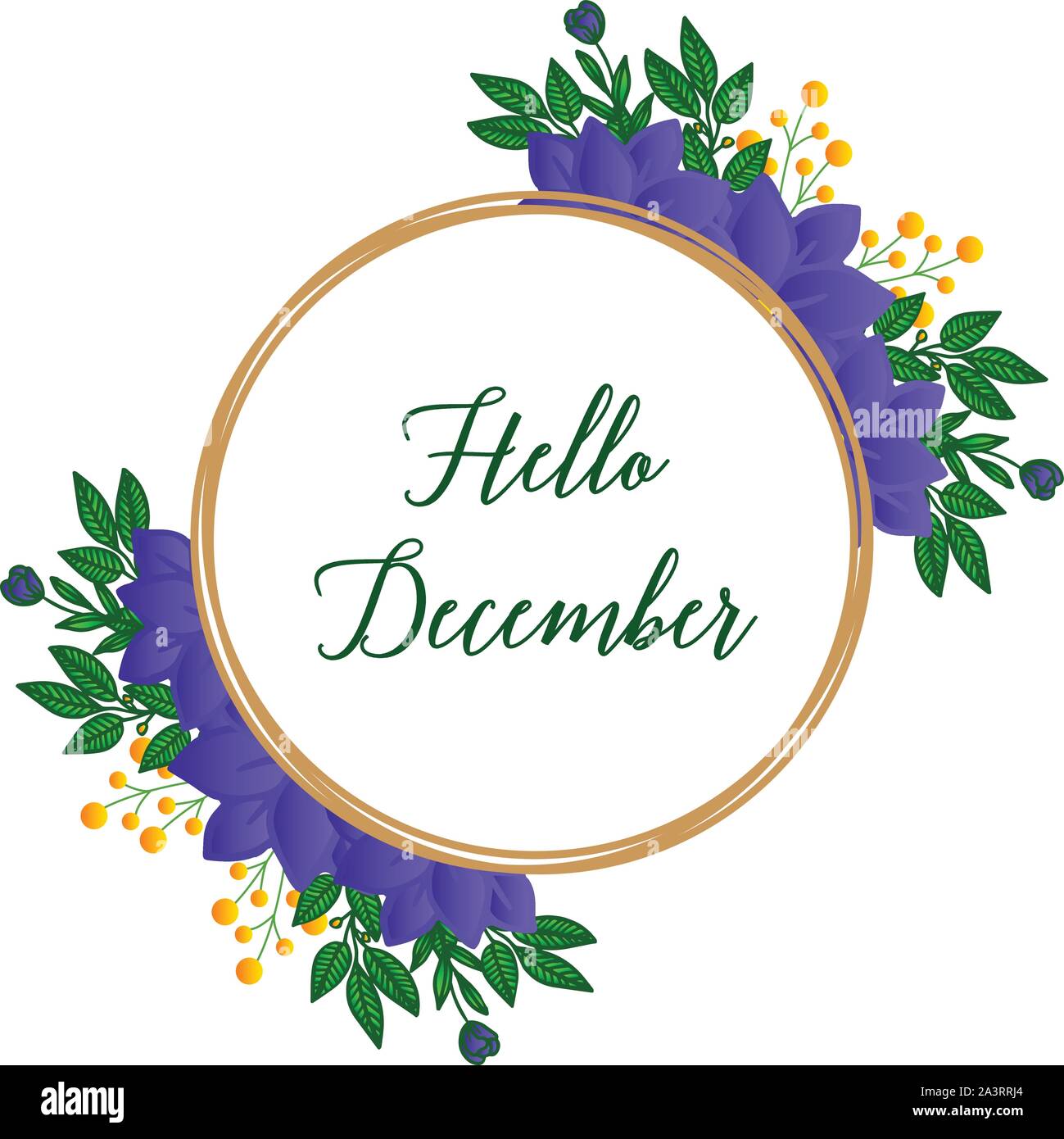 Hand drawn lettering hello december, with bright purple flower frame ...