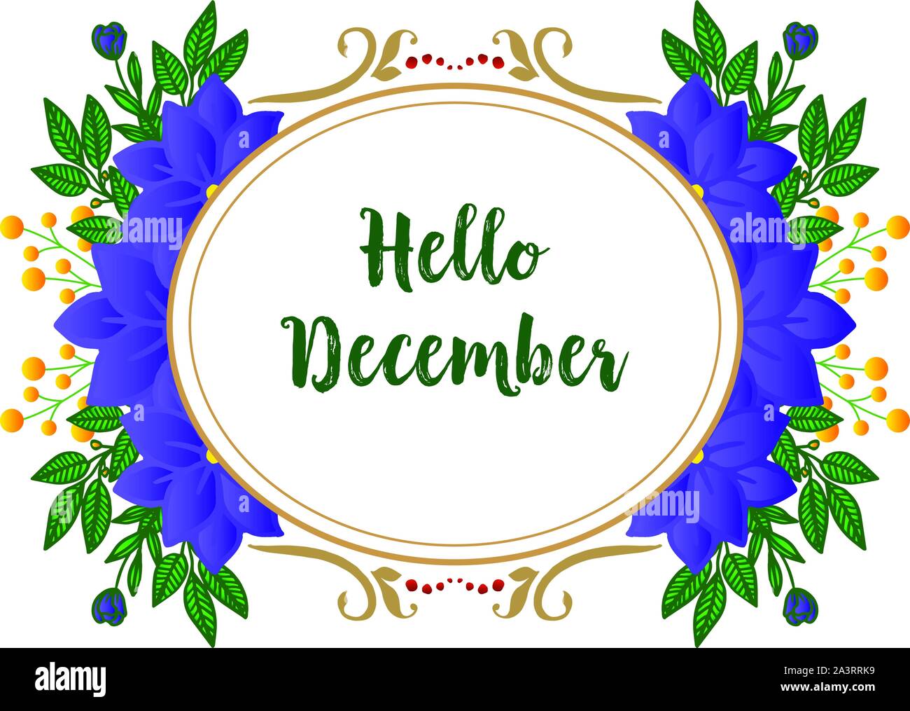 Hand drawn lettering hello december, with bright purple flower frame ...
