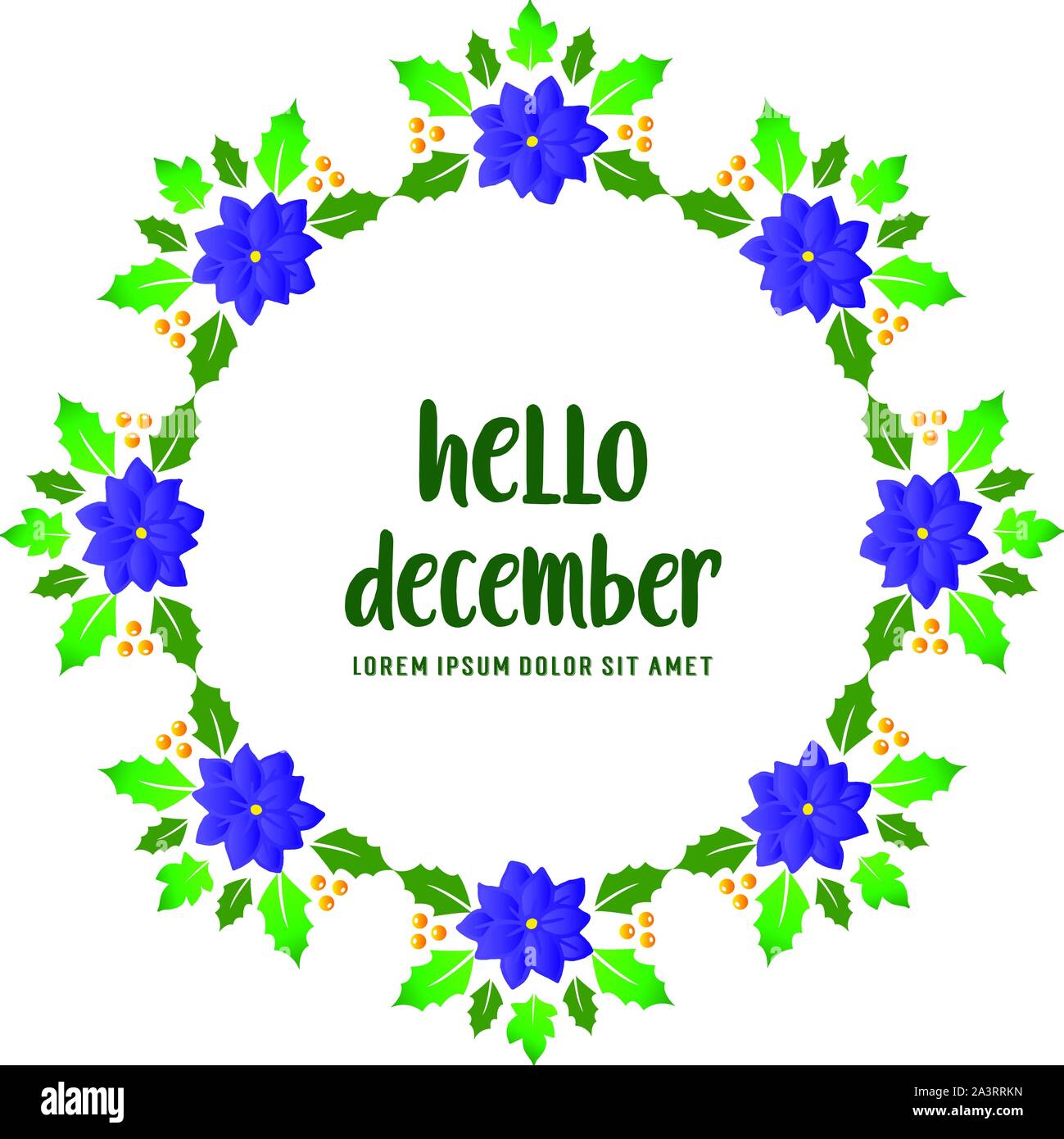 Decorative of card hello december, with feature purple flower frame ...