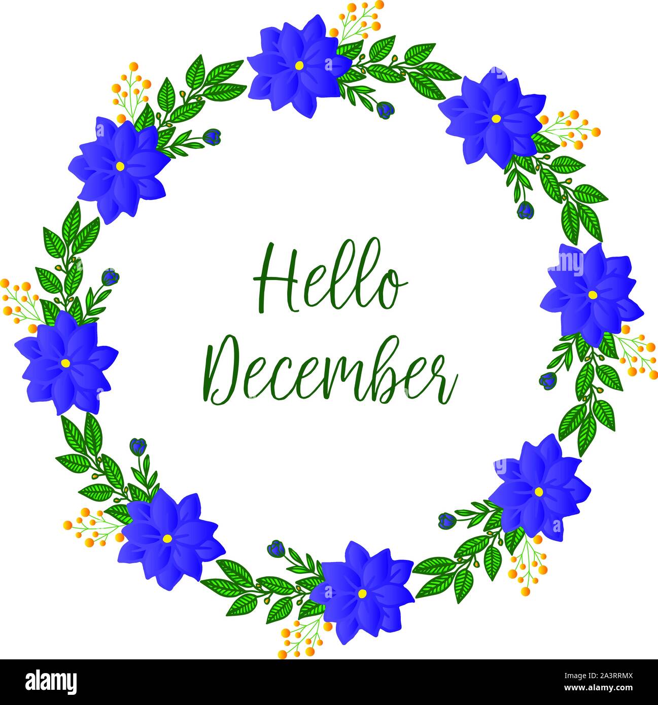 Lettering hello december, with beautiful purple flower frame. Vector ...
