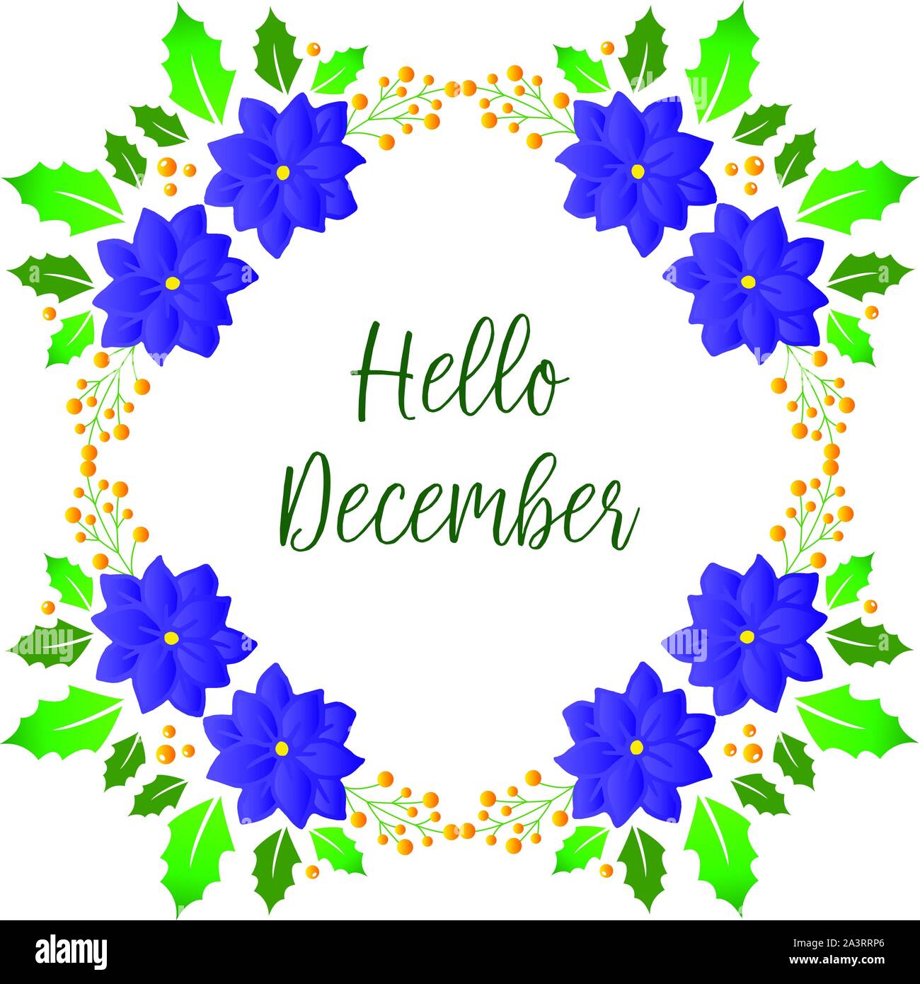 Hand drawn lettering hello december, with bright purple flower frame ...