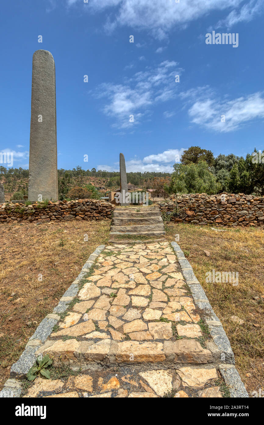 Ancient monolith stone obelisk, symbol of the Aksumite civilization in ...