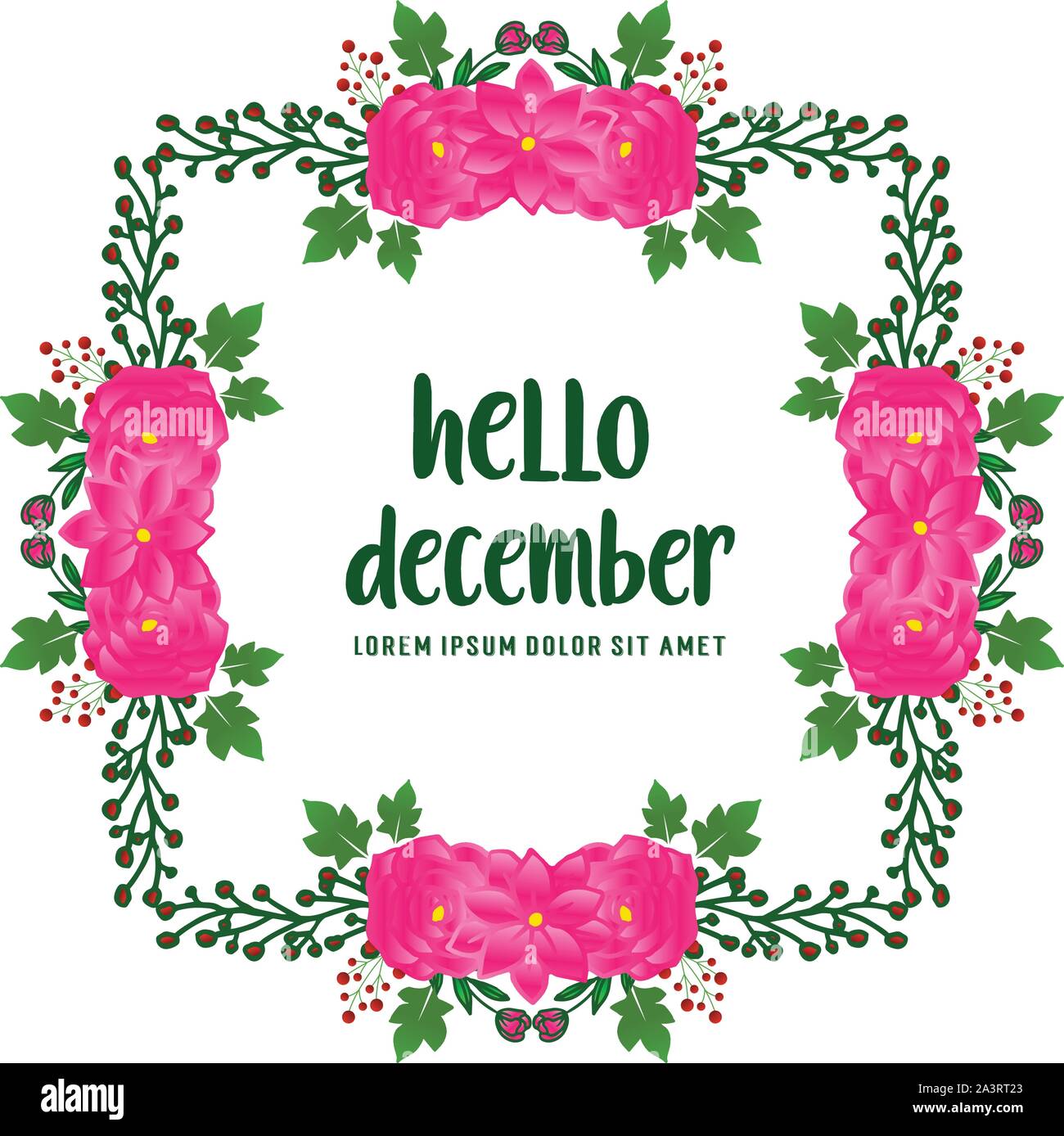 Handwritten text hello december, with modern pink flower frame. Vector ...