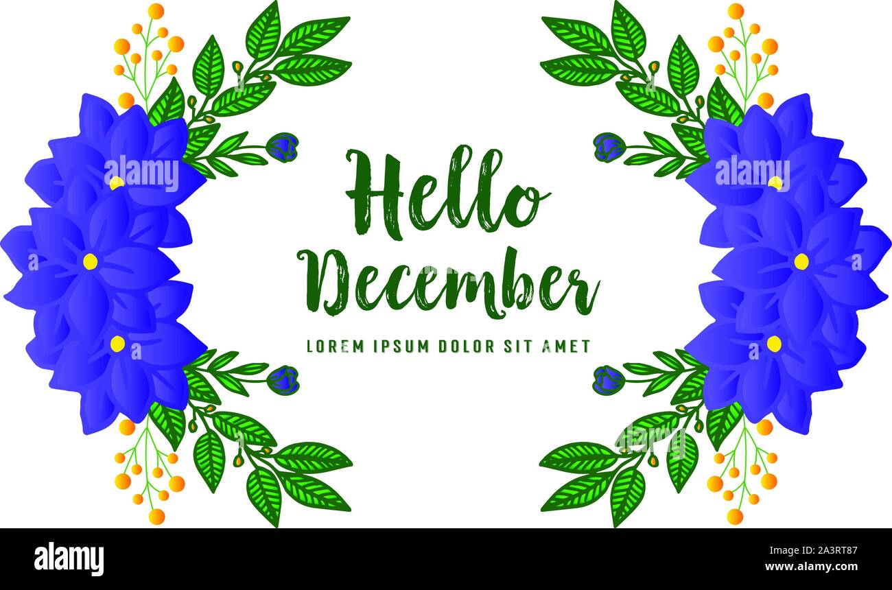 Decorative of card hello december, with feature purple flower frame ...