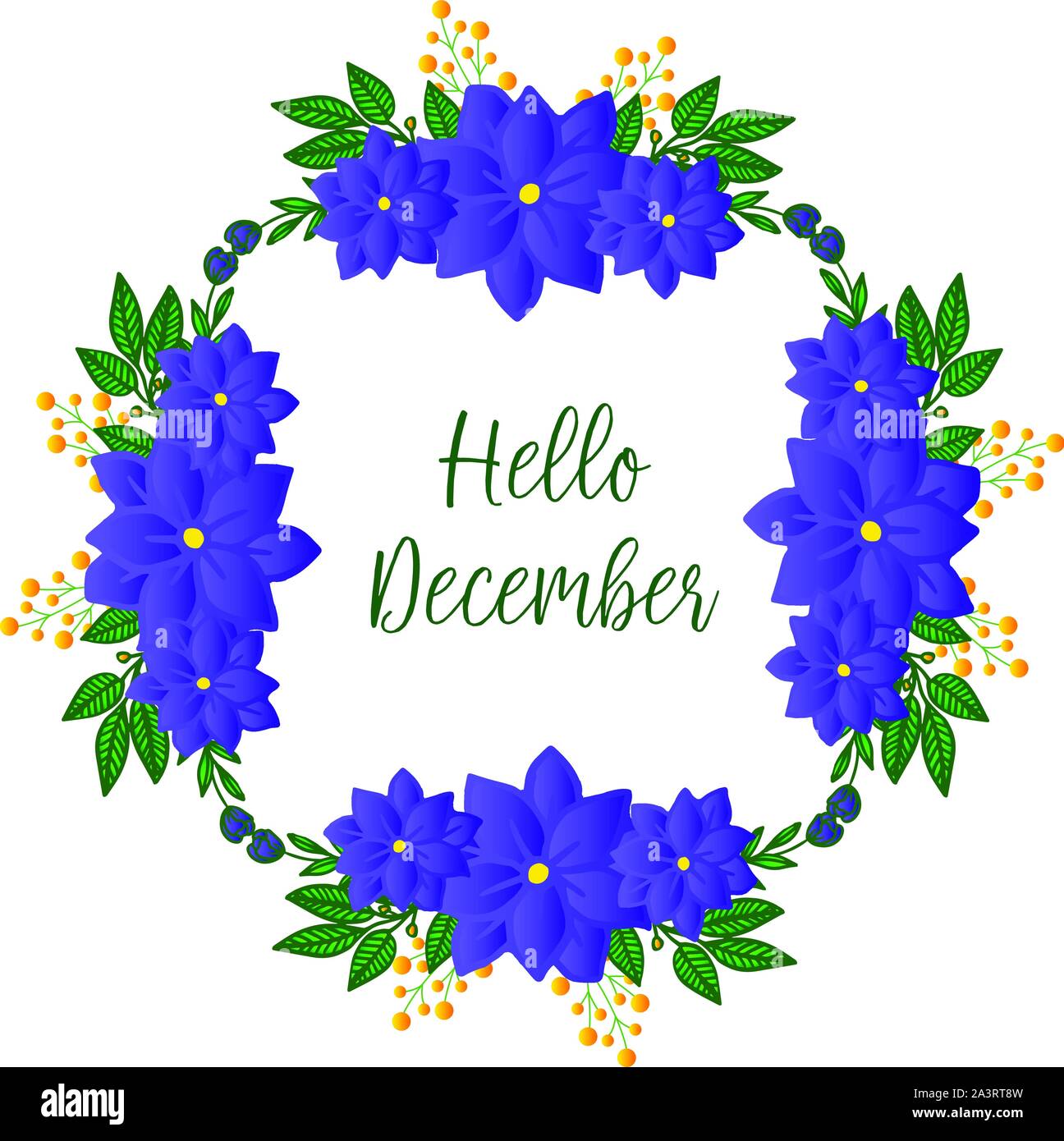 Decorative of card hello december, with feature purple flower frame ...