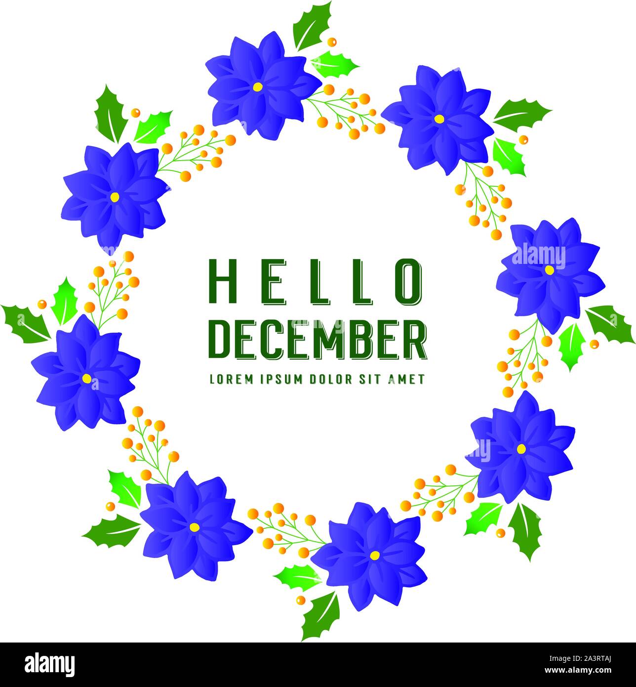 Decorative of card hello december, with feature purple flower frame ...