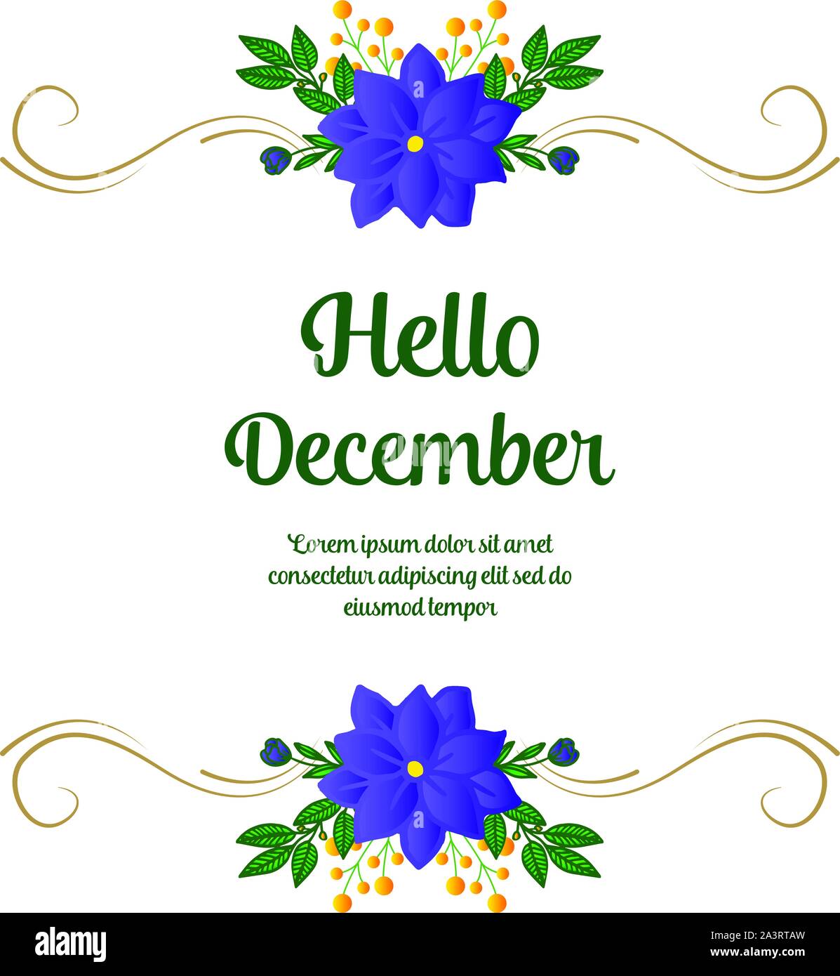 Hand drawn lettering hello december, with bright purple flower frame ...