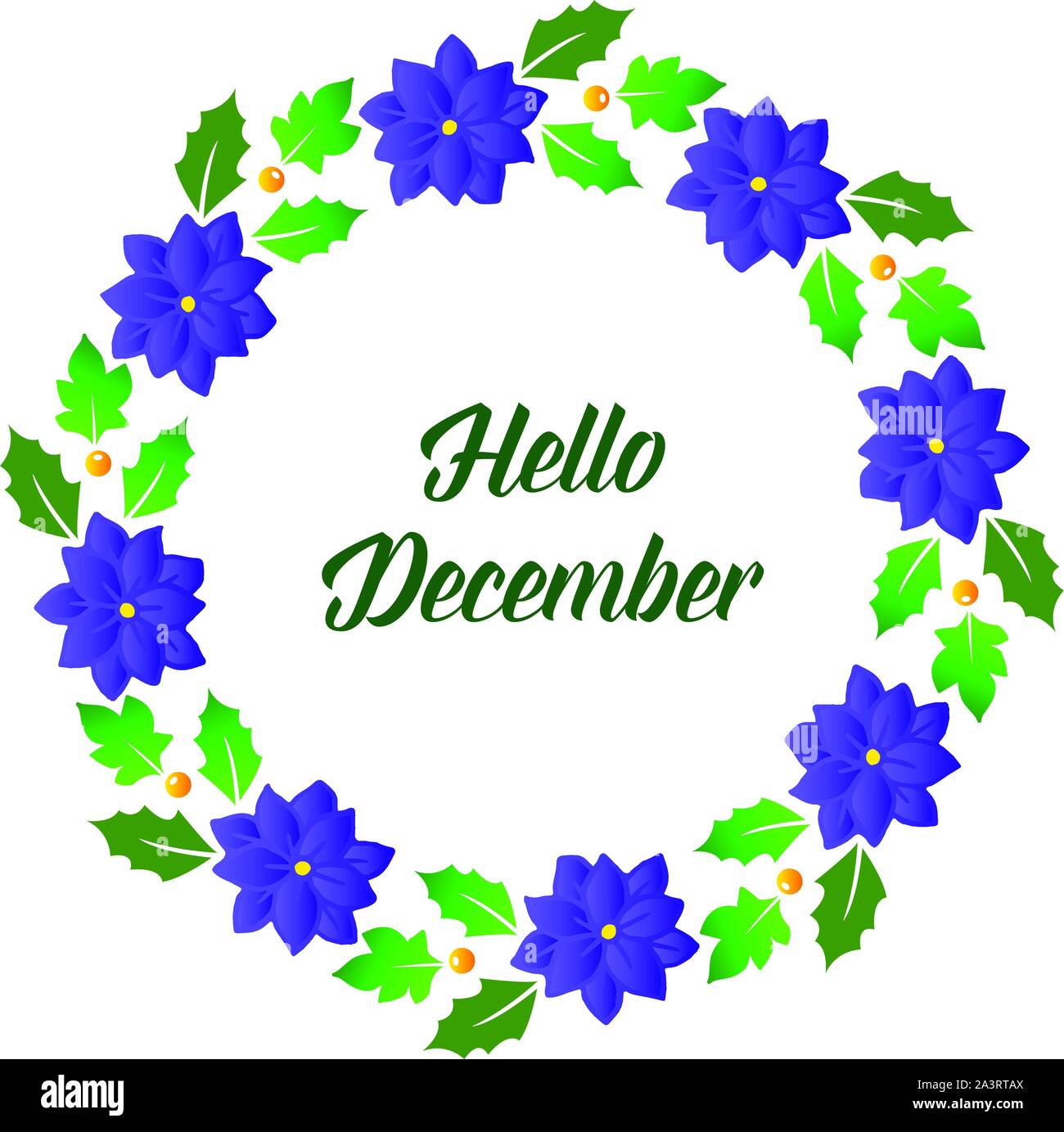 Hand drawn lettering hello december, with bright purple flower frame ...