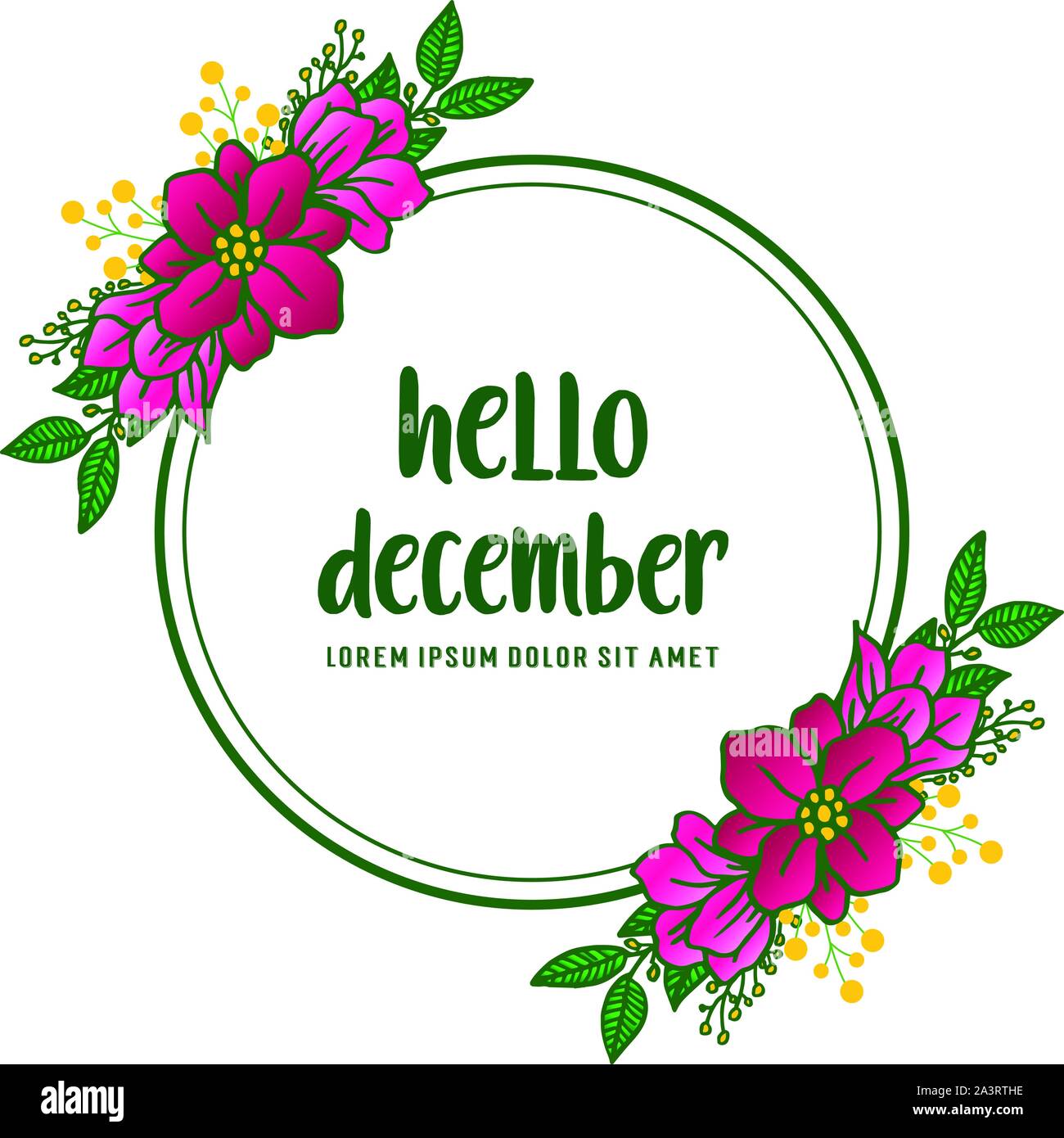 Text hello december, with sketch drawing of pink wreath frame. Vector ...