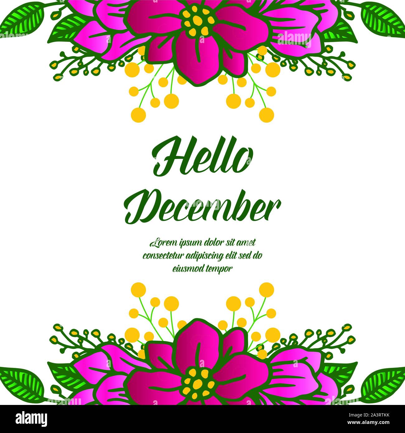 Text hello december, with sketch drawing of pink wreath frame. Vector ...