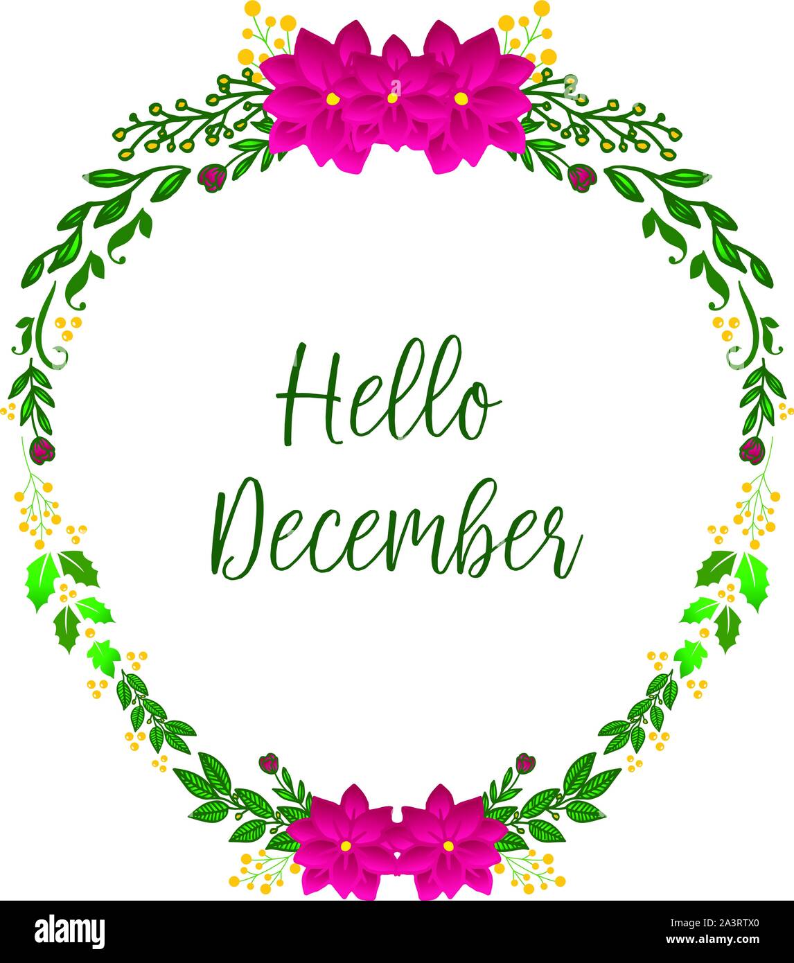 Hello december, with art of cute pink flower frame, isolated on white ...