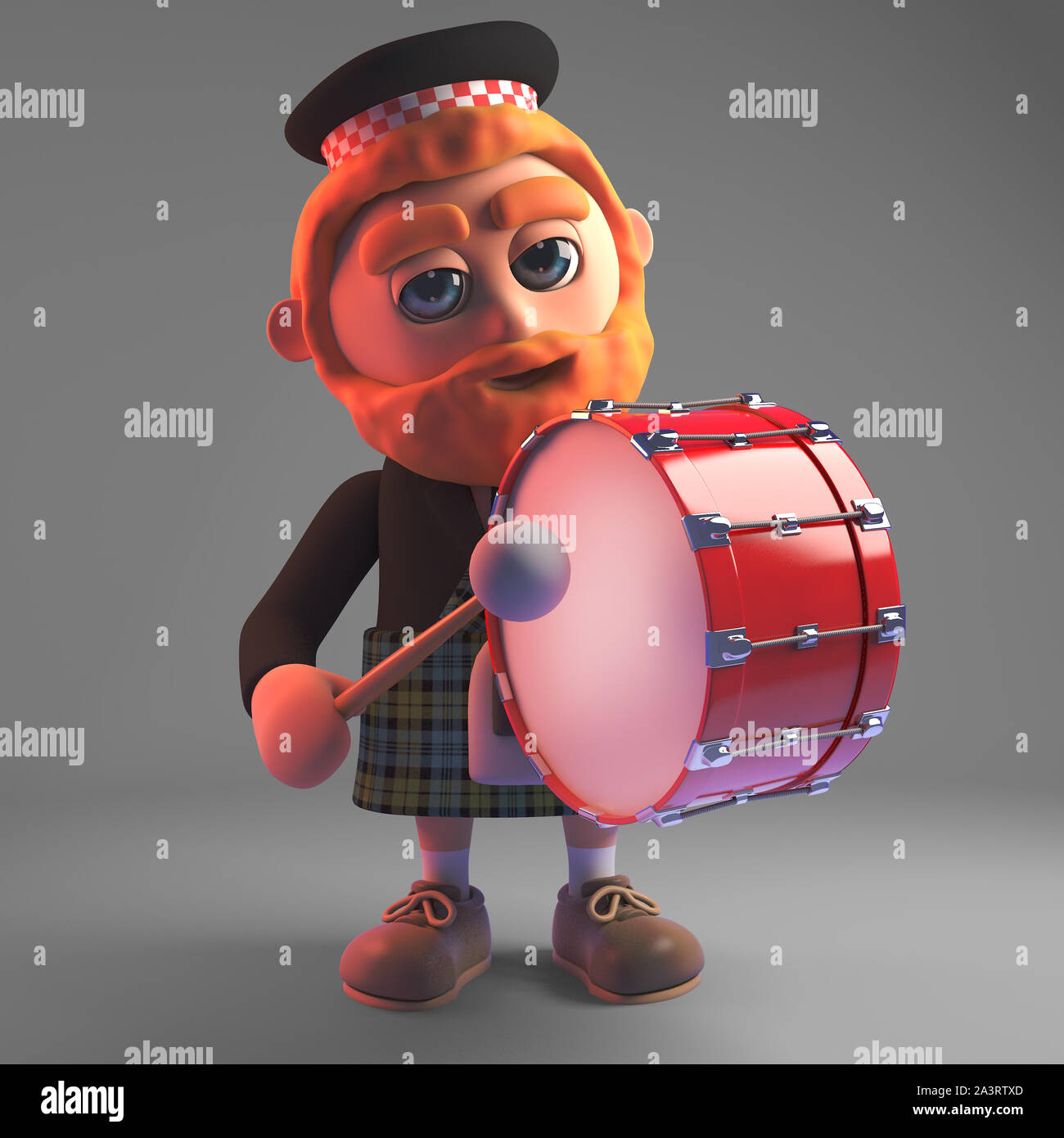 Marching Scottish man in kilt drumming on a bass drum, 3d illustration ...