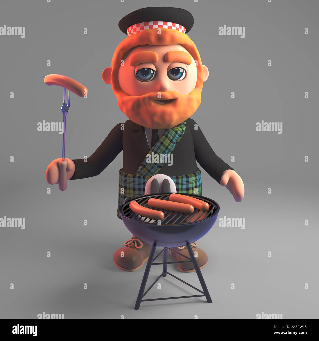 Hungry Scottish man in kilt cooks sausages on the barbecue bbq, 3d ...