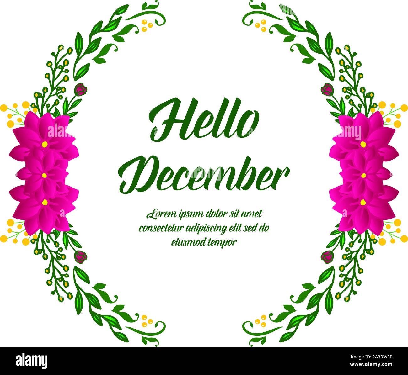 Hello december, with art of cute pink flower frame, isolated on white ...