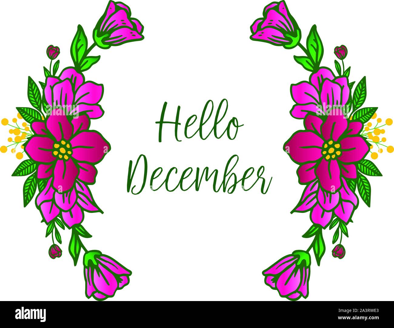 Lettering of card hello december, with style plant of pink flower frame ...