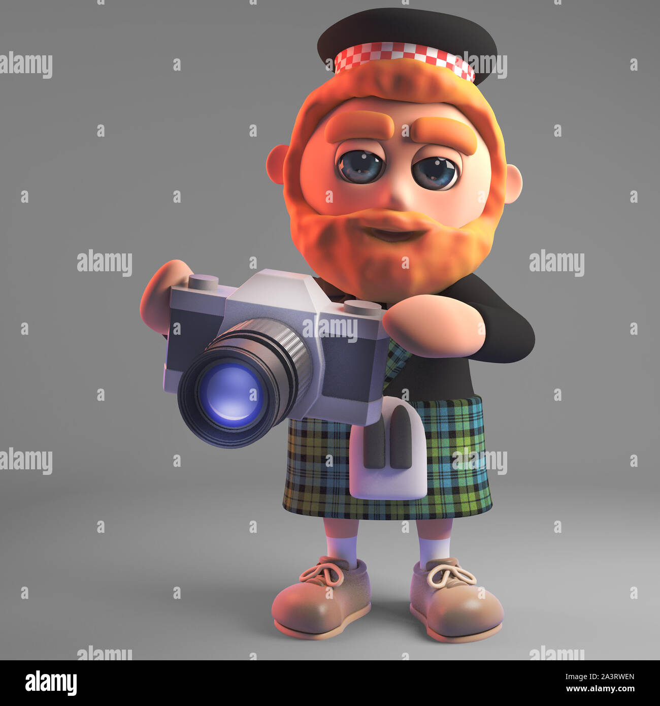 Scottish man in kilt taking pictures with his camera, 3d illustration ...