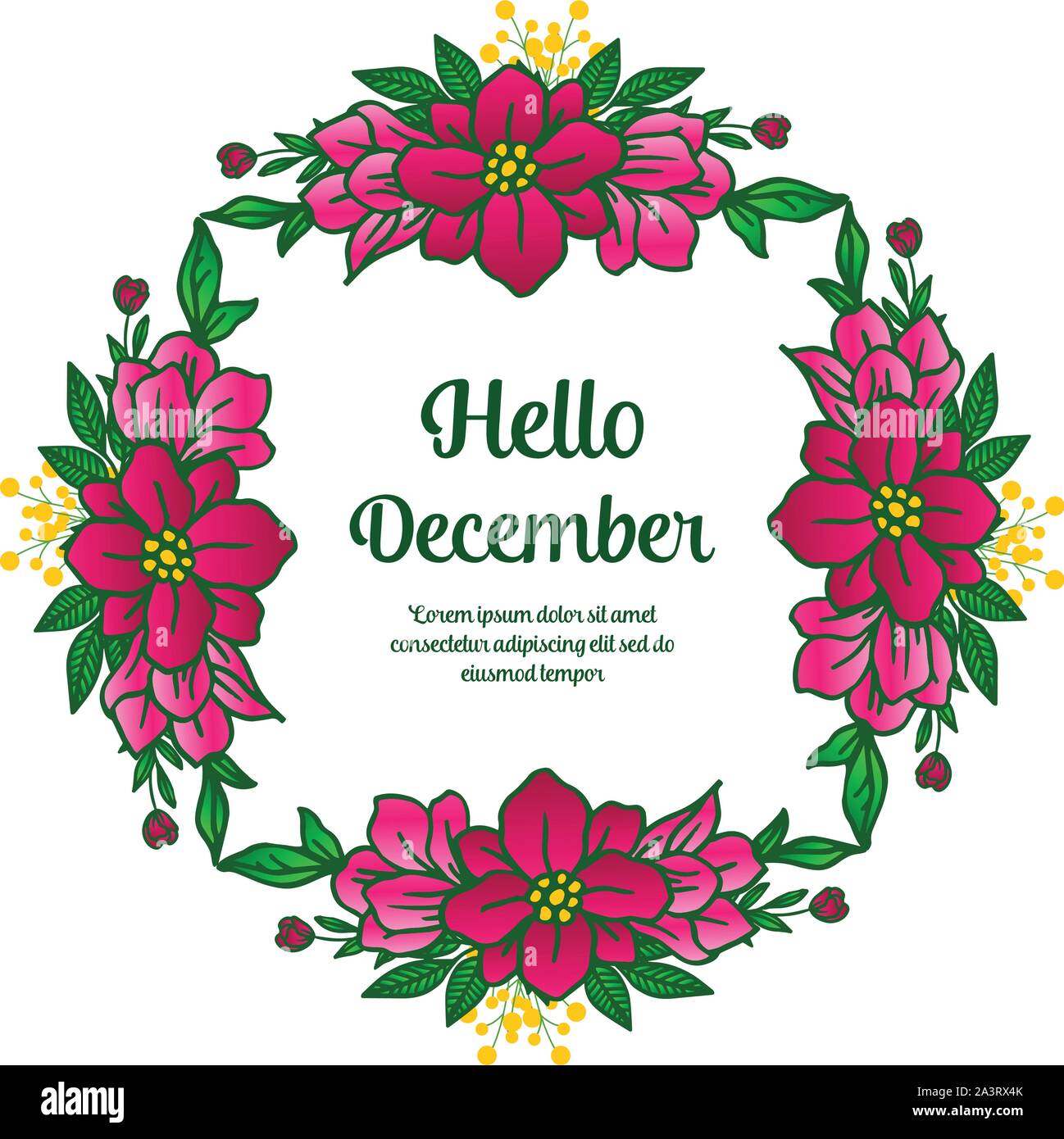 Lettering of card hello december, with style plant of pink flower frame ...