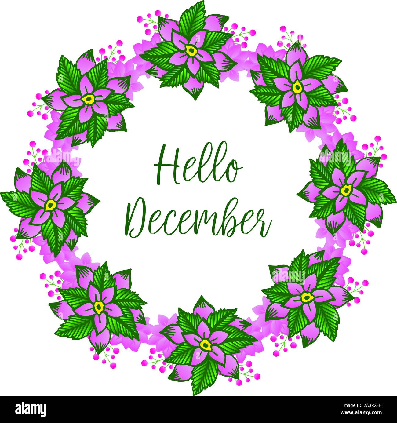 Calligraphic text hello december, with elegant pink flower frame ...