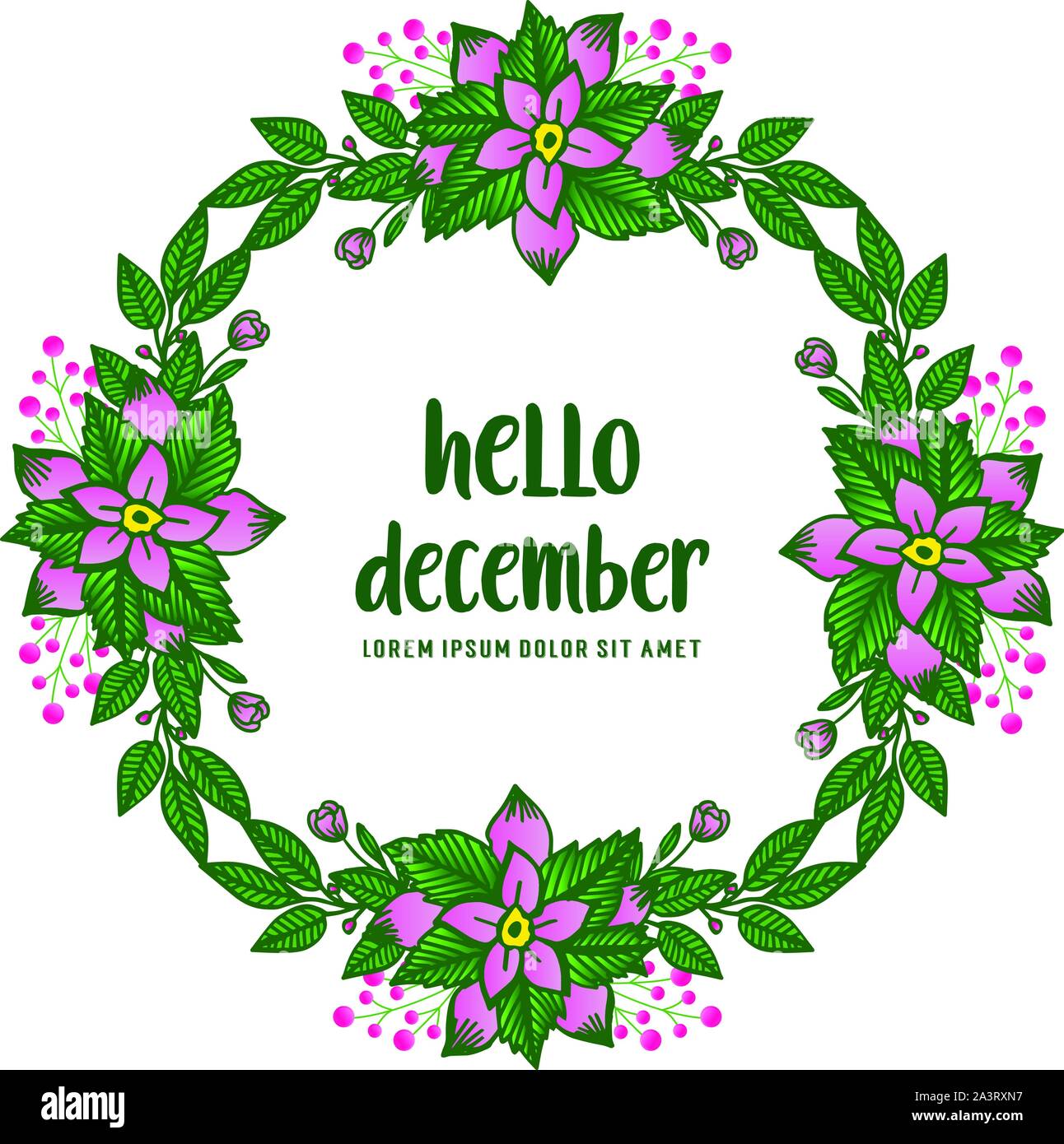 Design greeting card hello december, with ornate pattern of pink flower ...