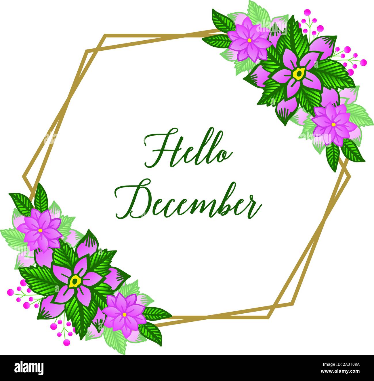 Calligraphic text hello december, with elegant pink flower frame ...