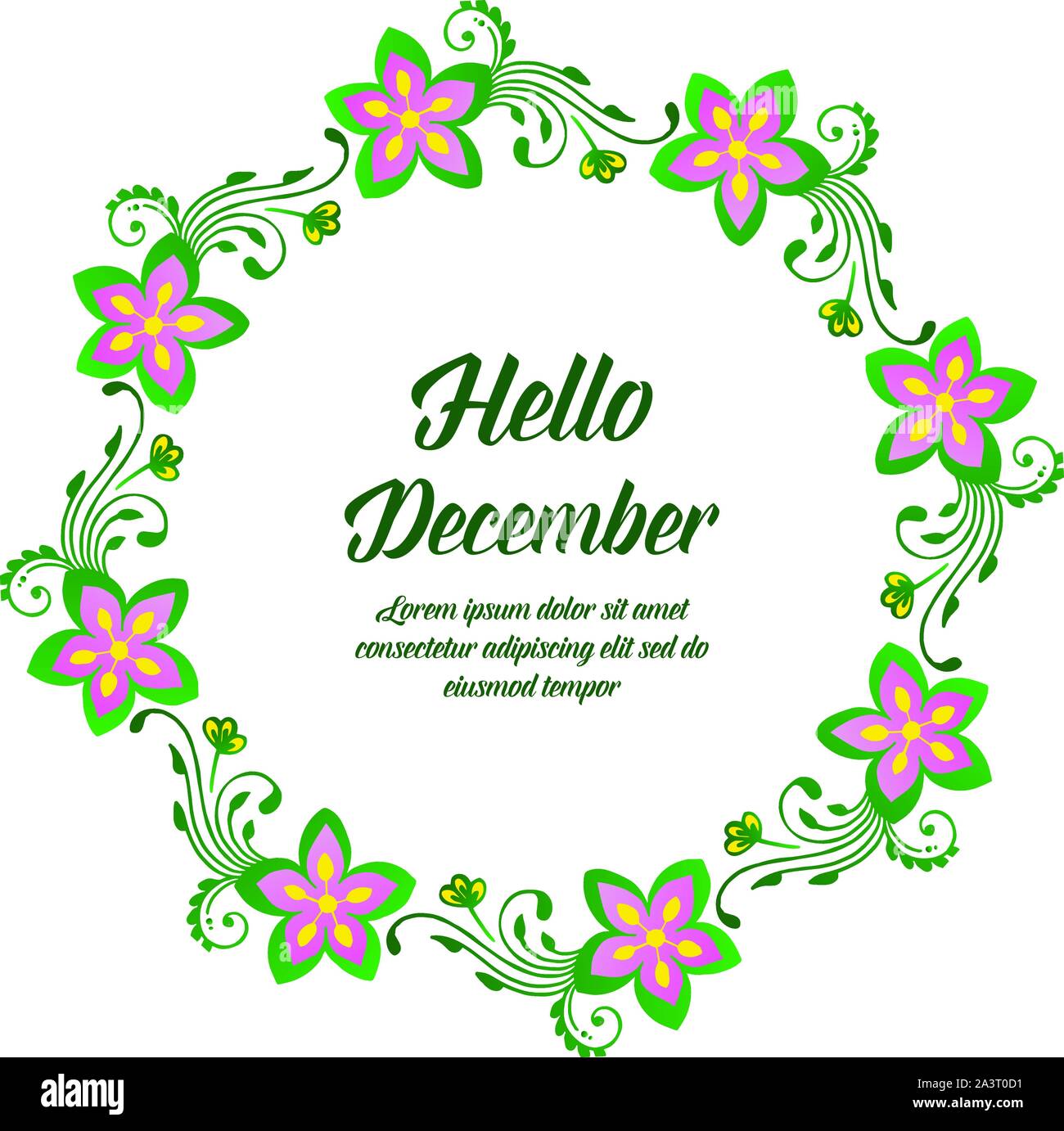 Handwritten text hello december, with green leafy flower frame. Vector ...