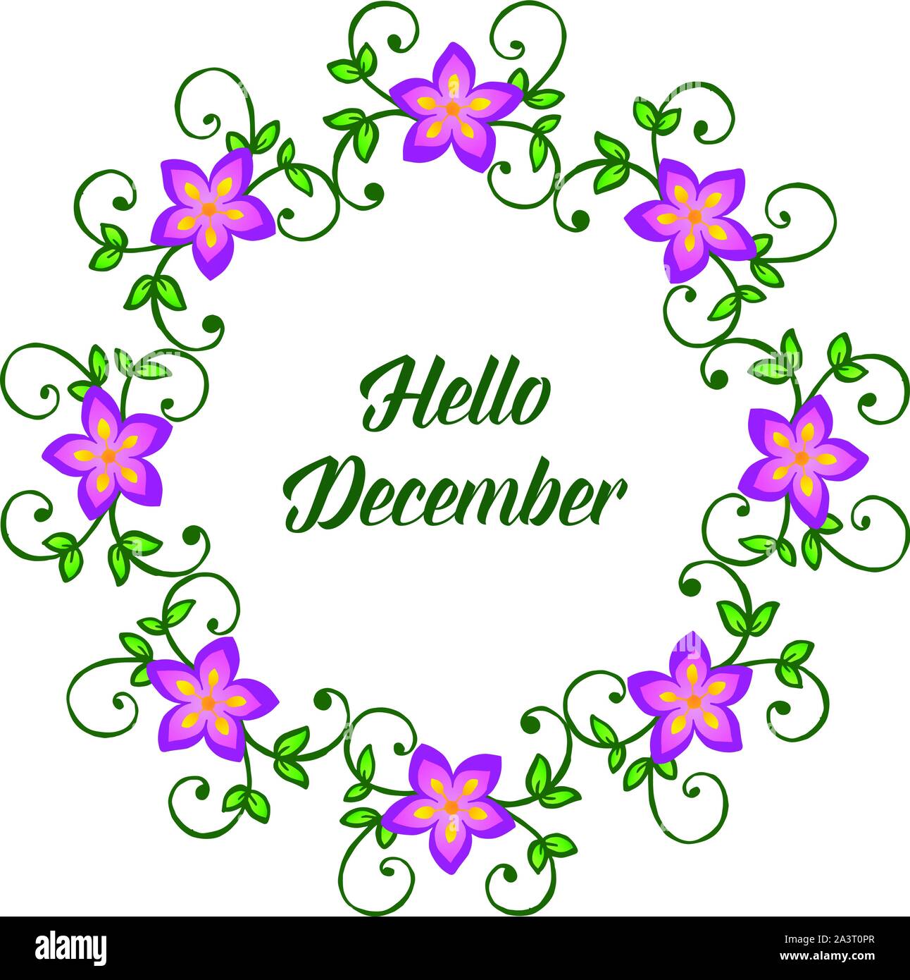 Handwritten text hello december, with green leafy flower frame. Vector ...