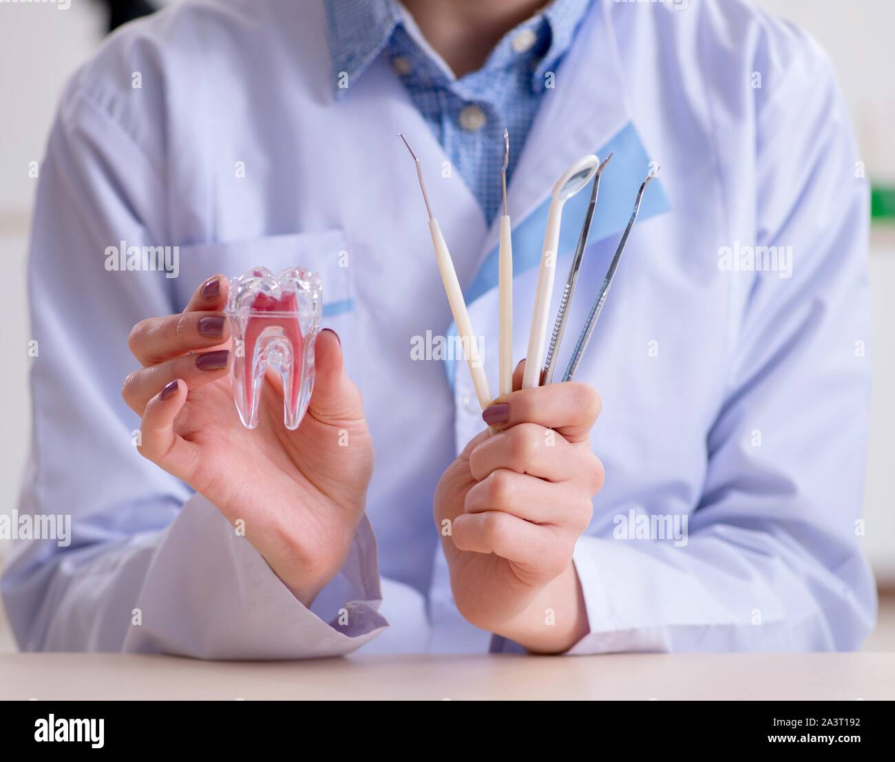 The dentist practicing work on tooth model Stock Photo - Alamy