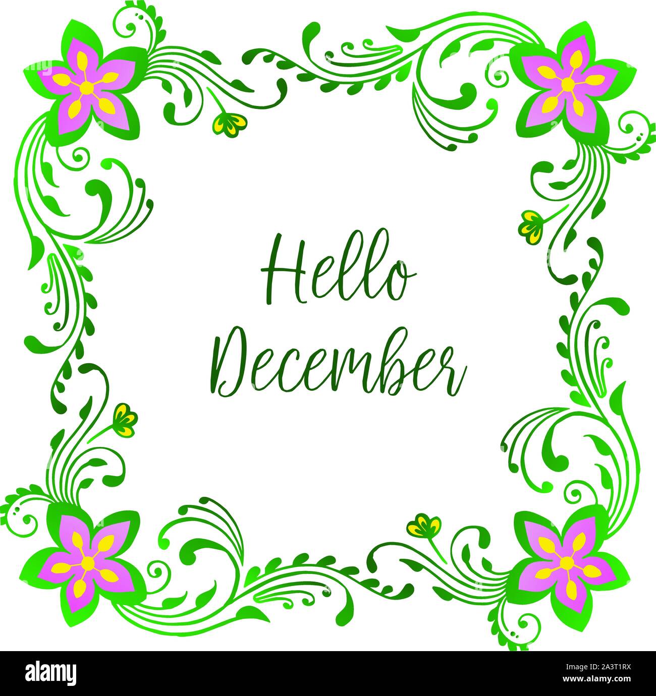 Handwritten text hello december, with green leafy flower frame. Vector ...