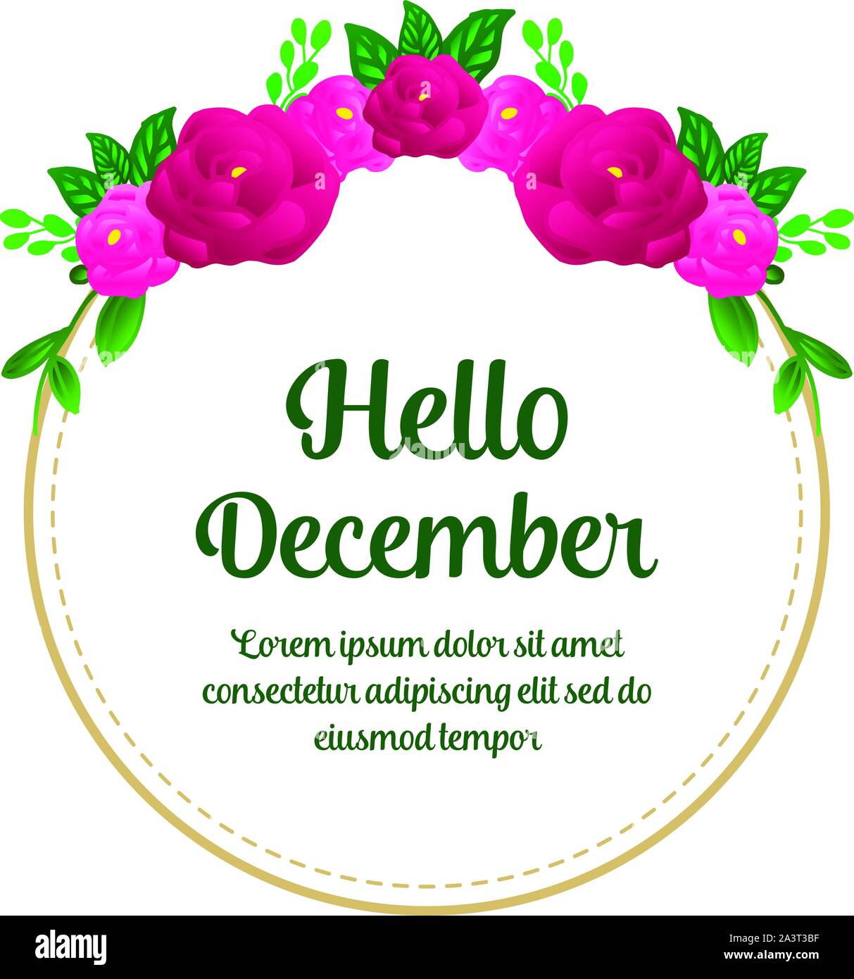 Greeting card modern hello december, with texture pink rose flower ...
