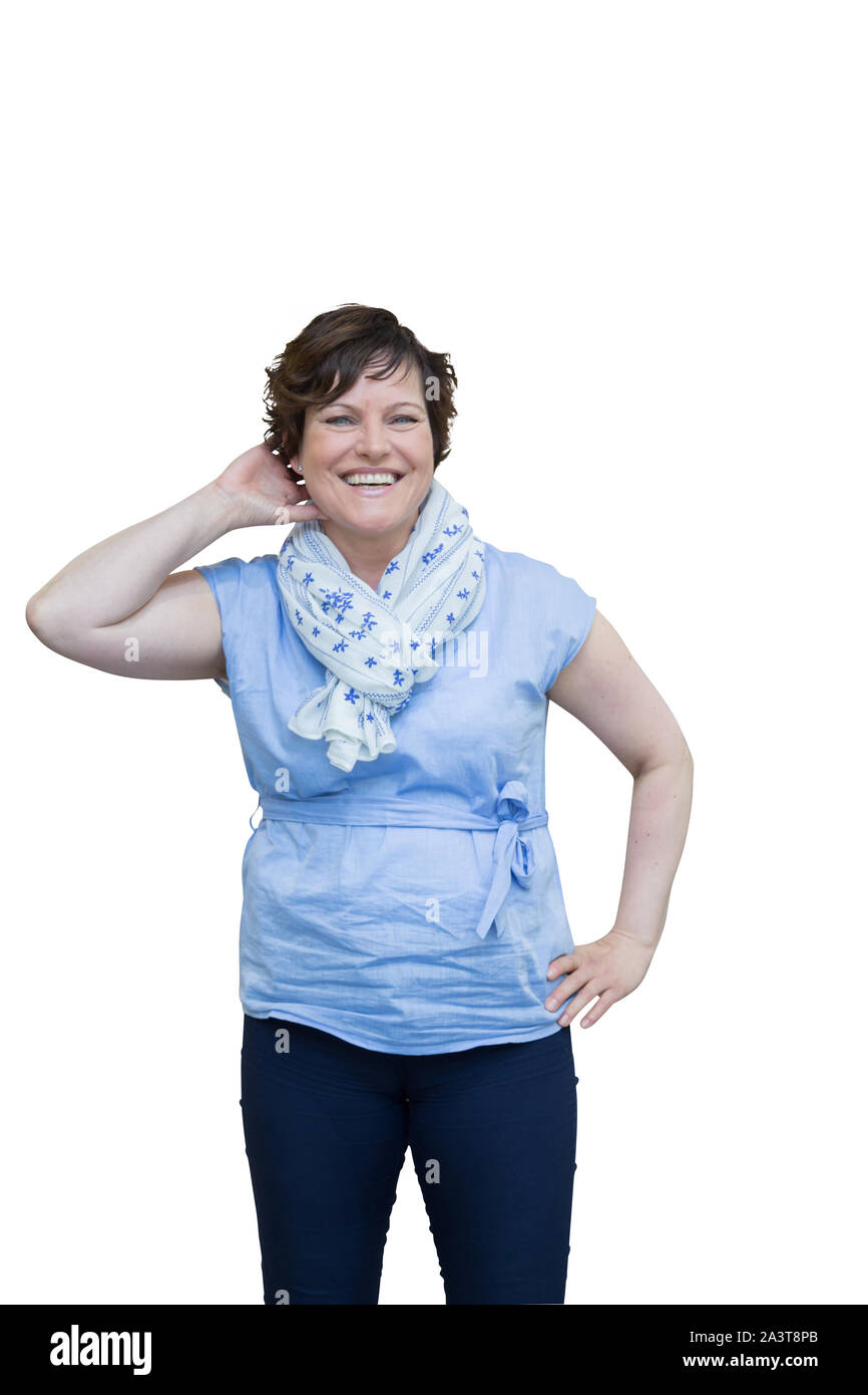 Middleaged woman making facial expressions on a white isolated ...