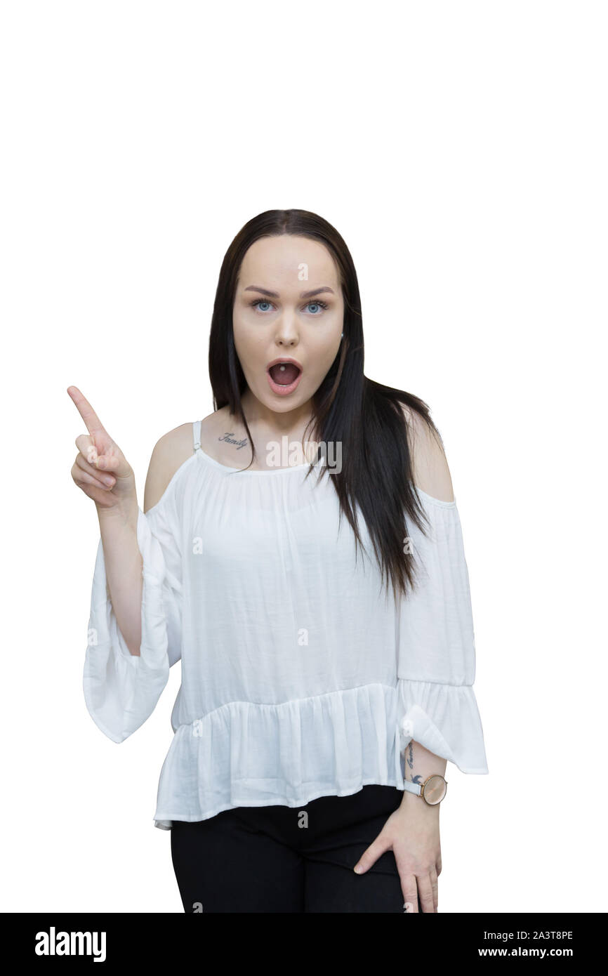Young woman making facial expressions on a white isolated background ...