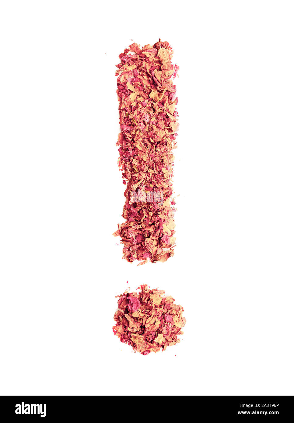 Exclamation point sign made of rose petals, isolated on white ...