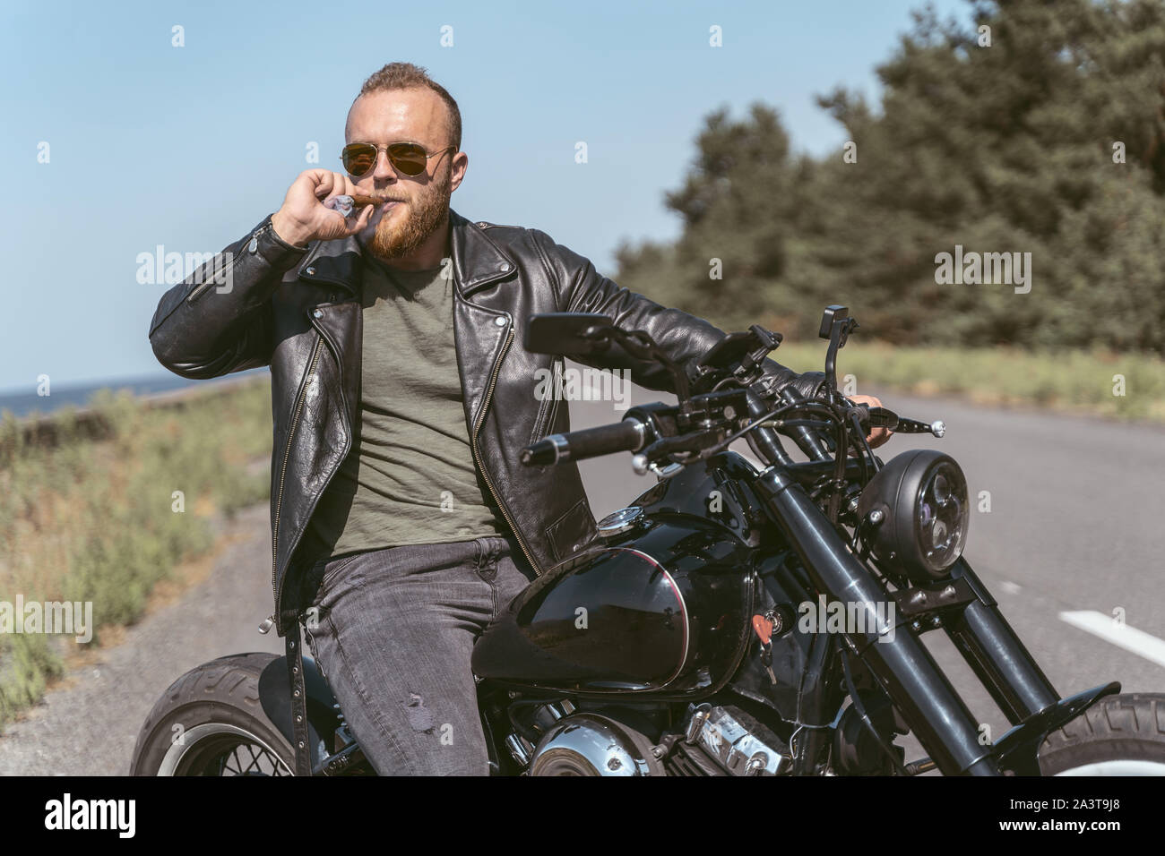 Handsome bearded man in leather jacket with sigar sitting on bike Stock ...
