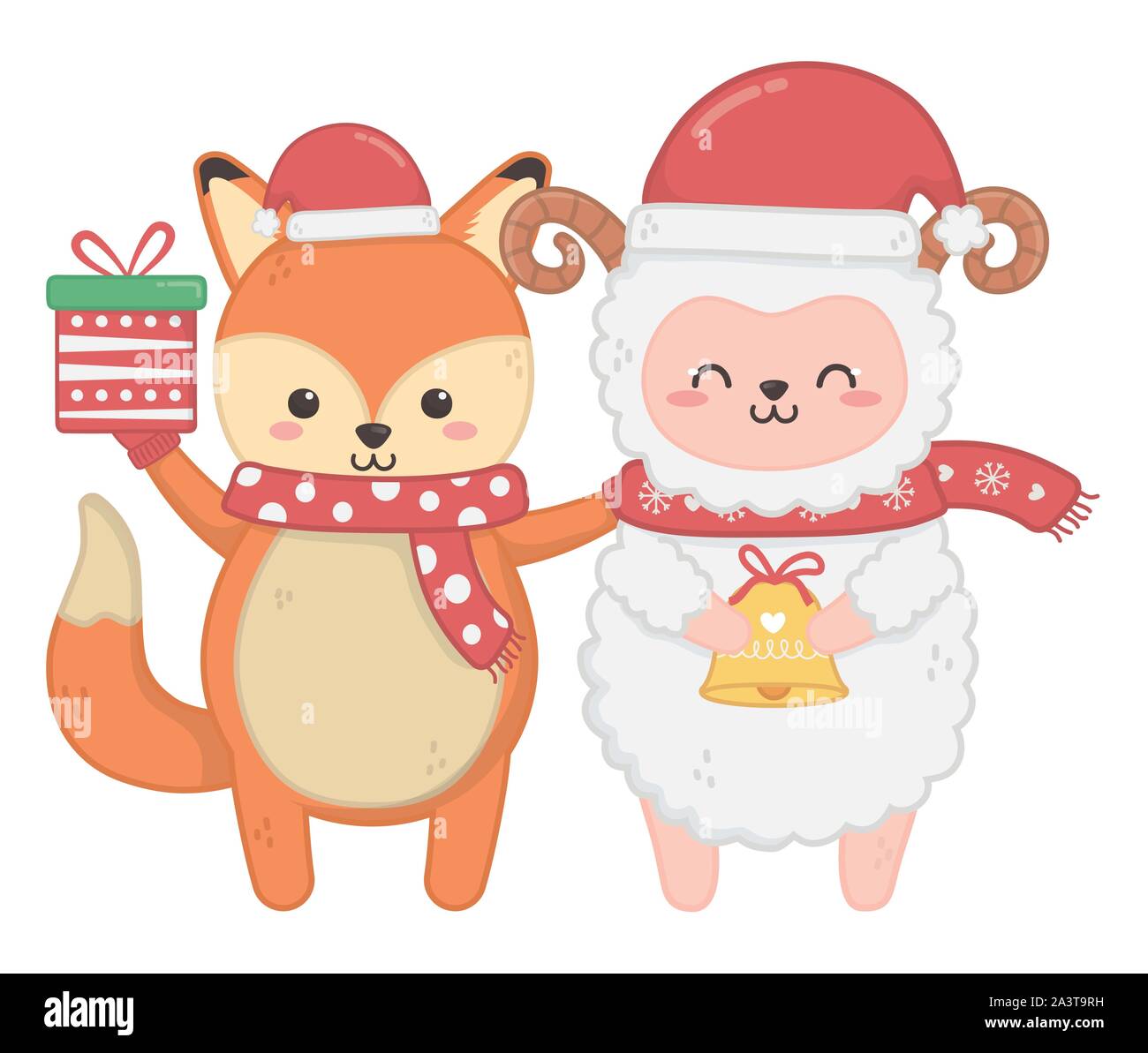 cute fox and sheep with gift and bell merry christmas vector ...