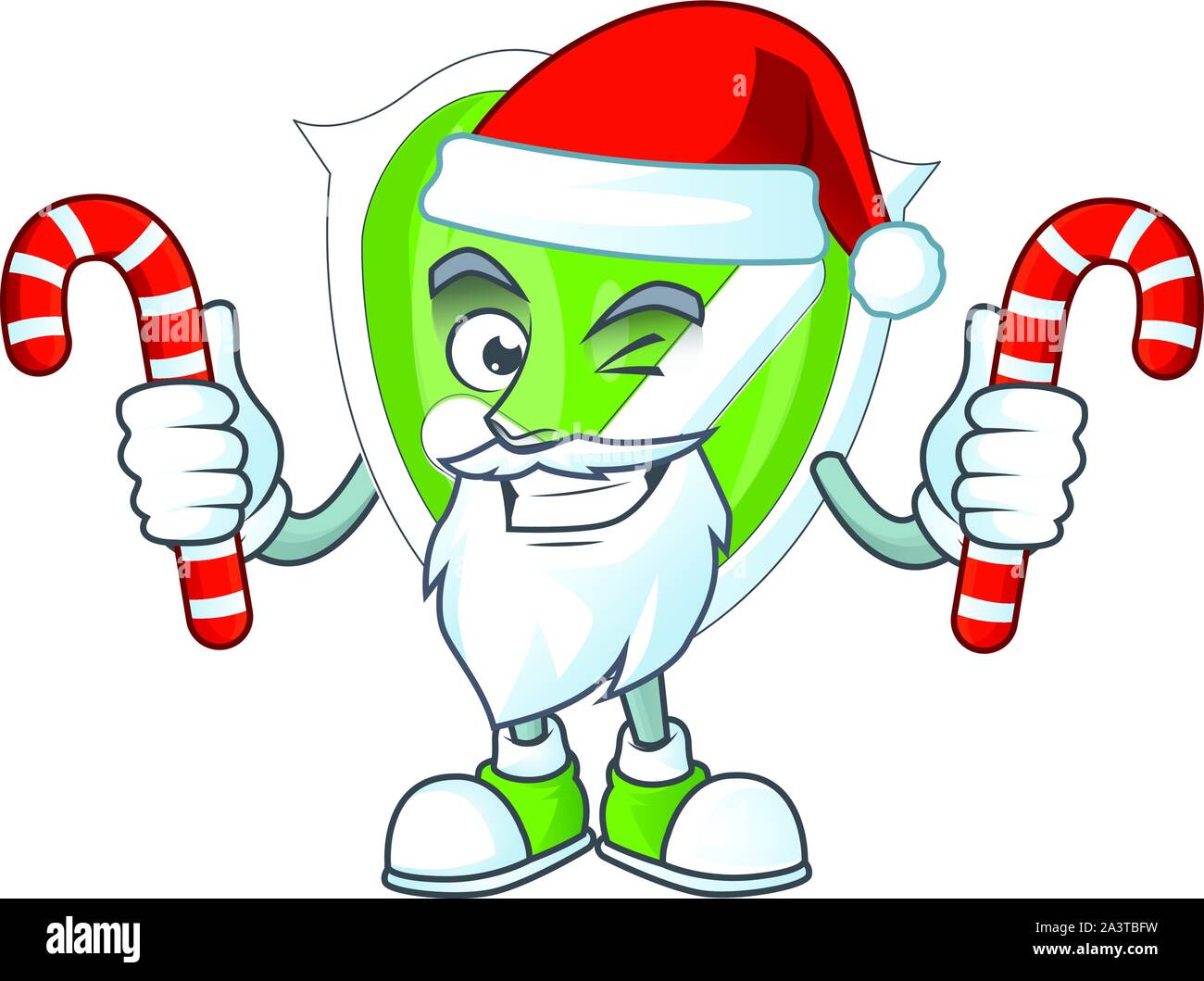 Santa with candy checkmark shield character on white background Stock ...
