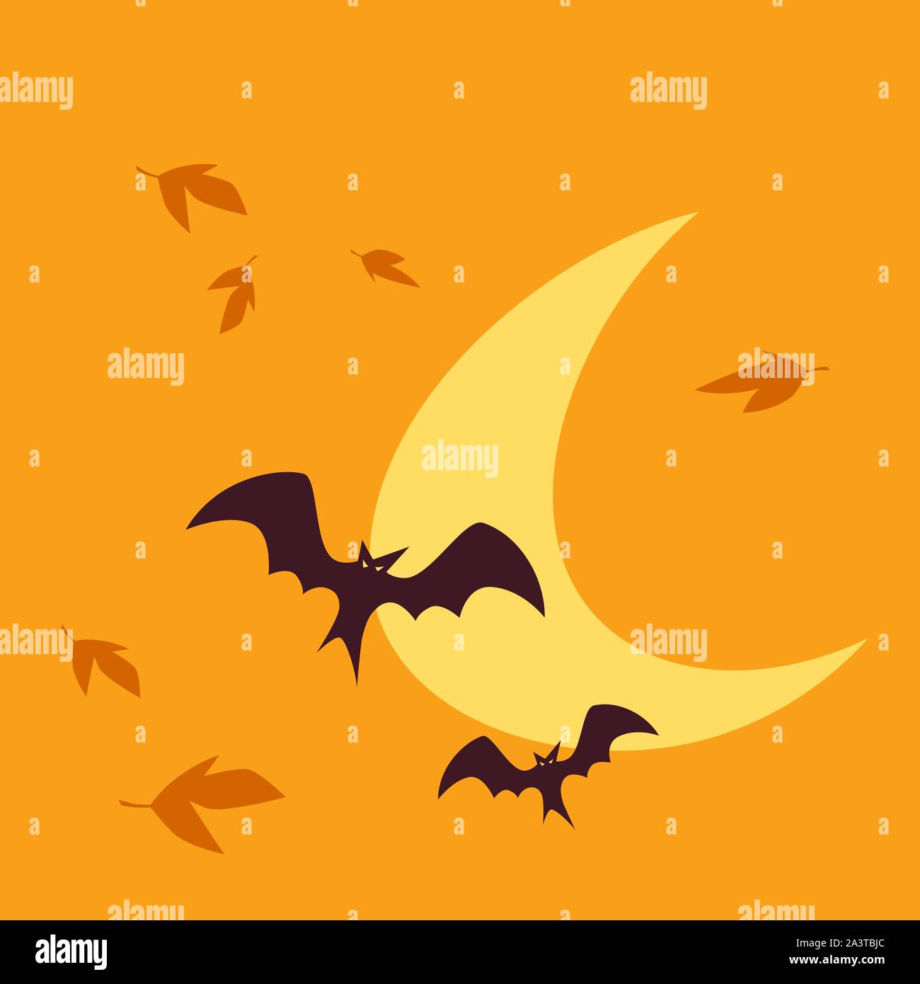 Silhouette of two bats flying with a moon background and autumn leaves ...