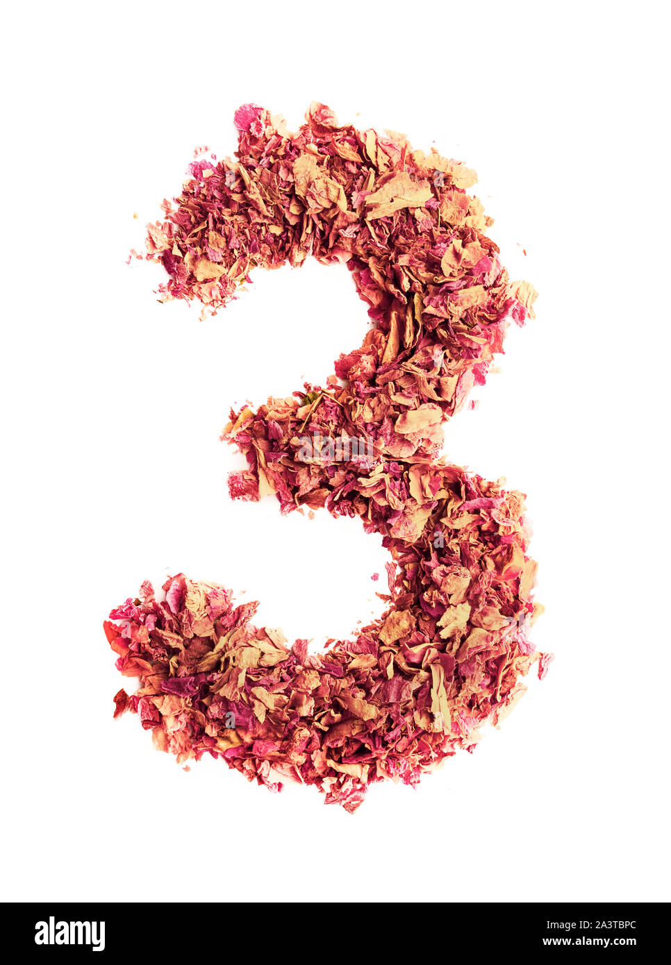 Number 3, made of rose petals, isolated on white background. Food ...