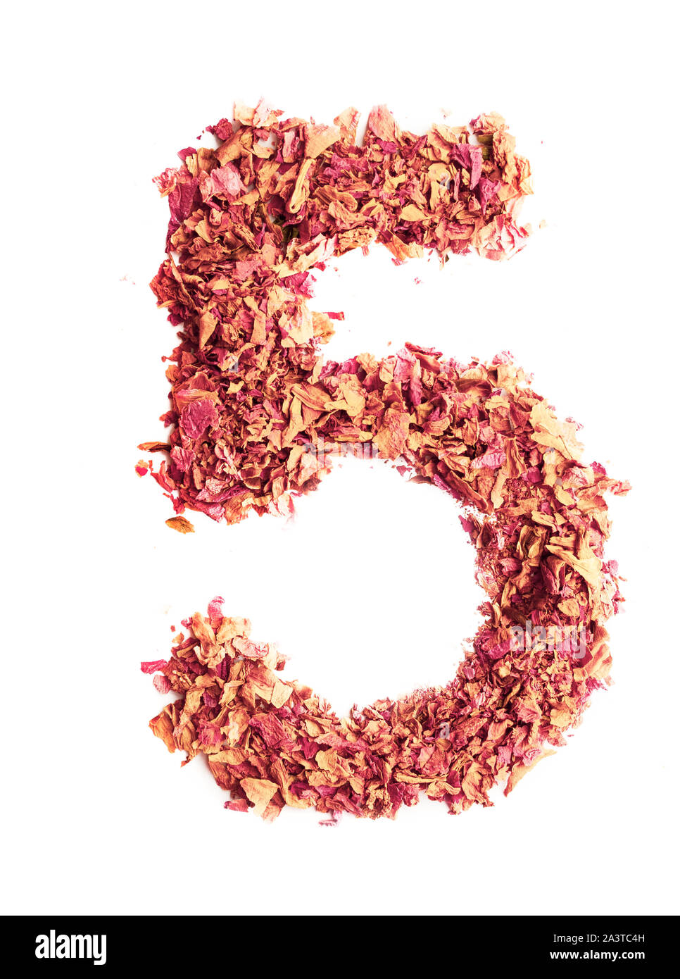 Number 5, made of rose petals, isolated on white background. Food ...