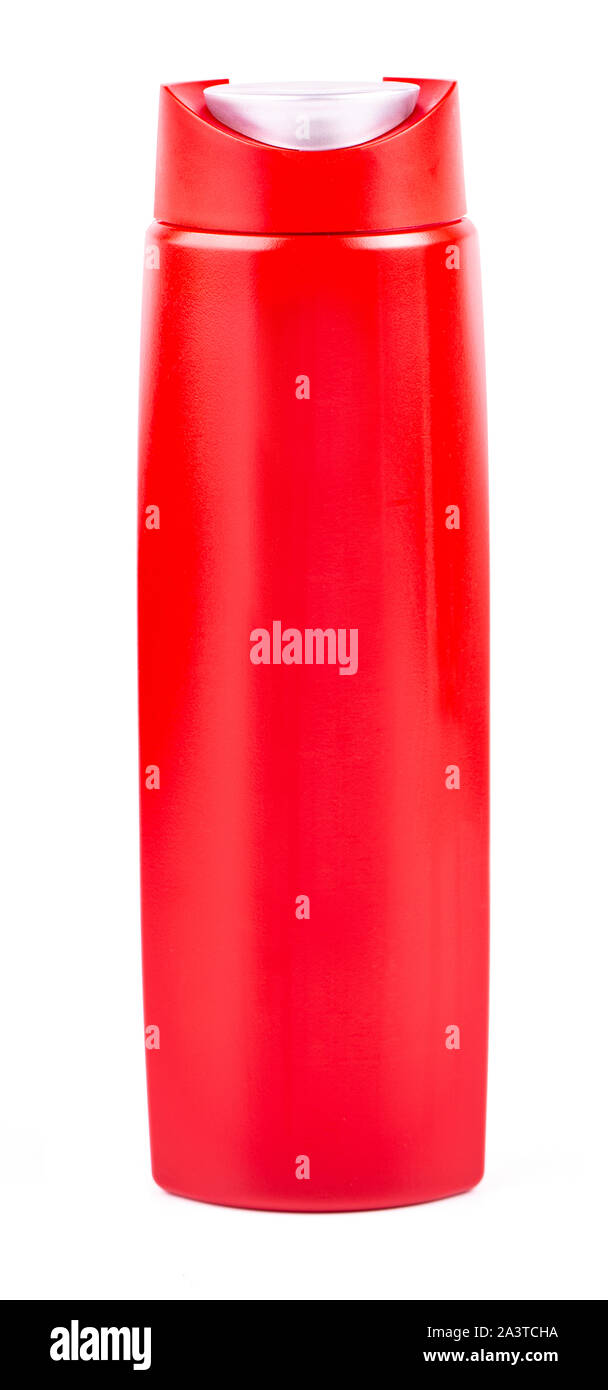 Red Shampoo and gel bottle isolated over the white background Stock ...