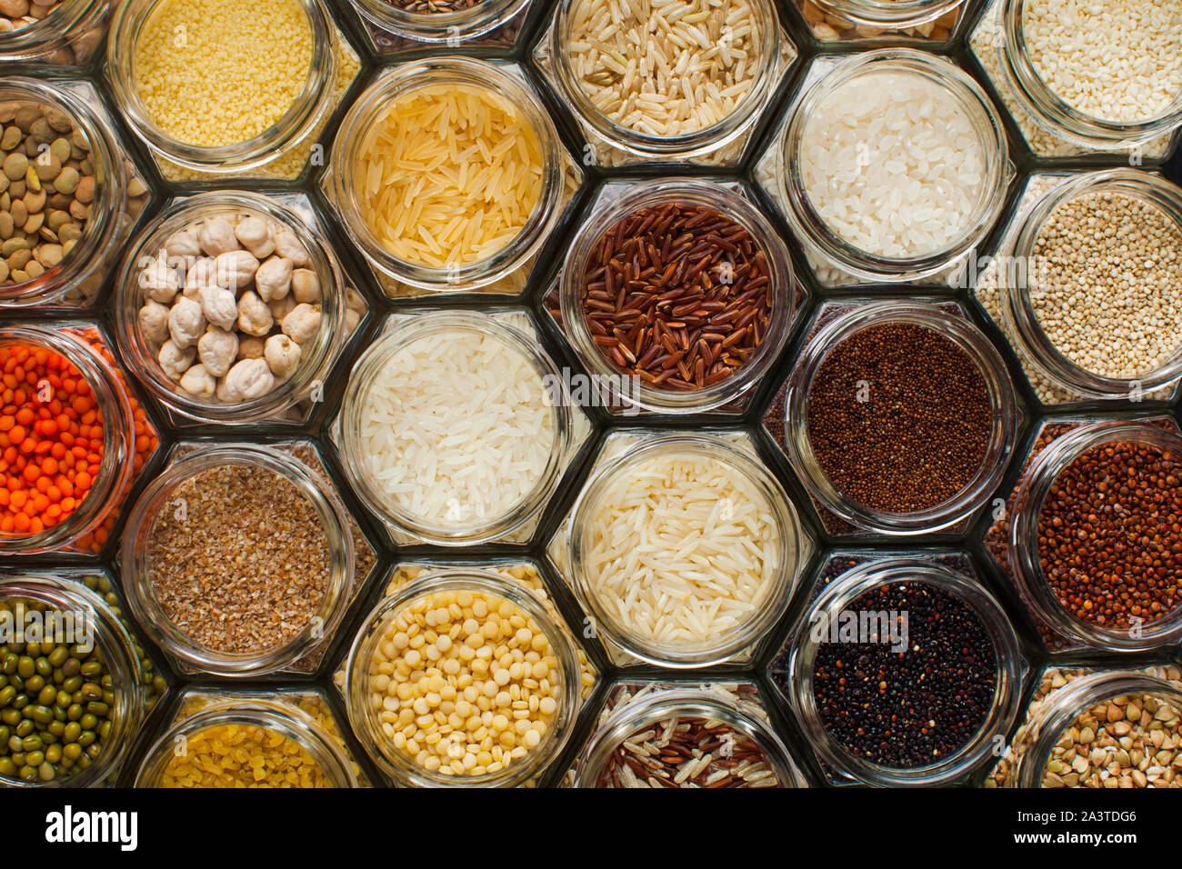 Food pattern background - beans and cereals in jars Stock Photo - Alamy