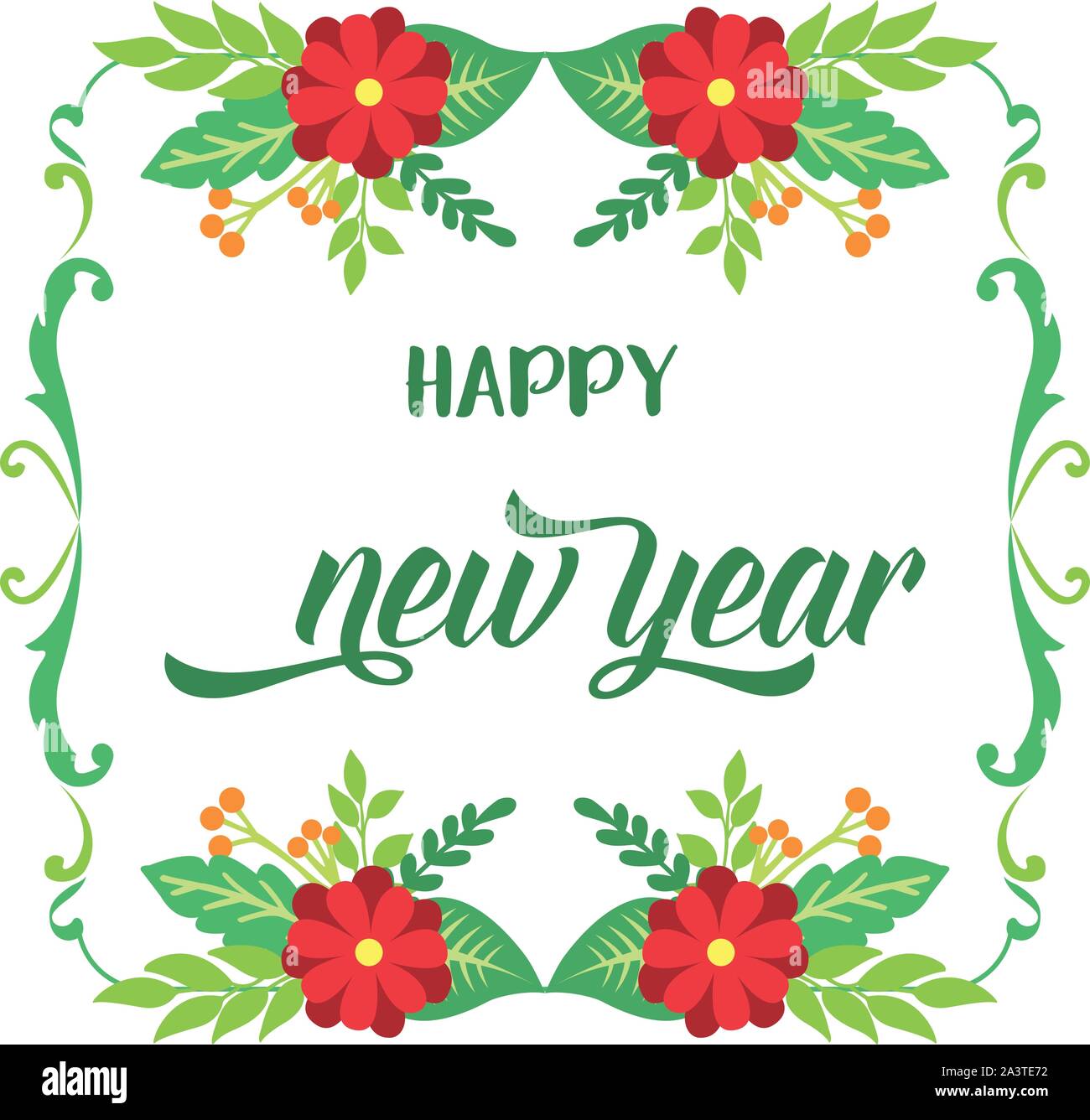Design beautiful card happy new year, with bright green leaves frame ...