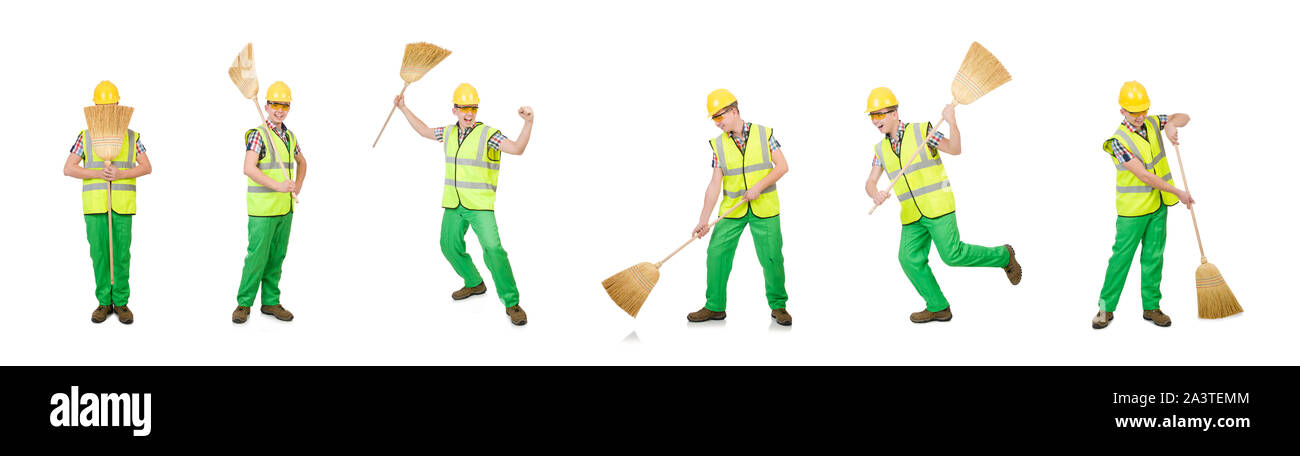 The funny janitor with broom isolated on white Stock Photo - Alamy