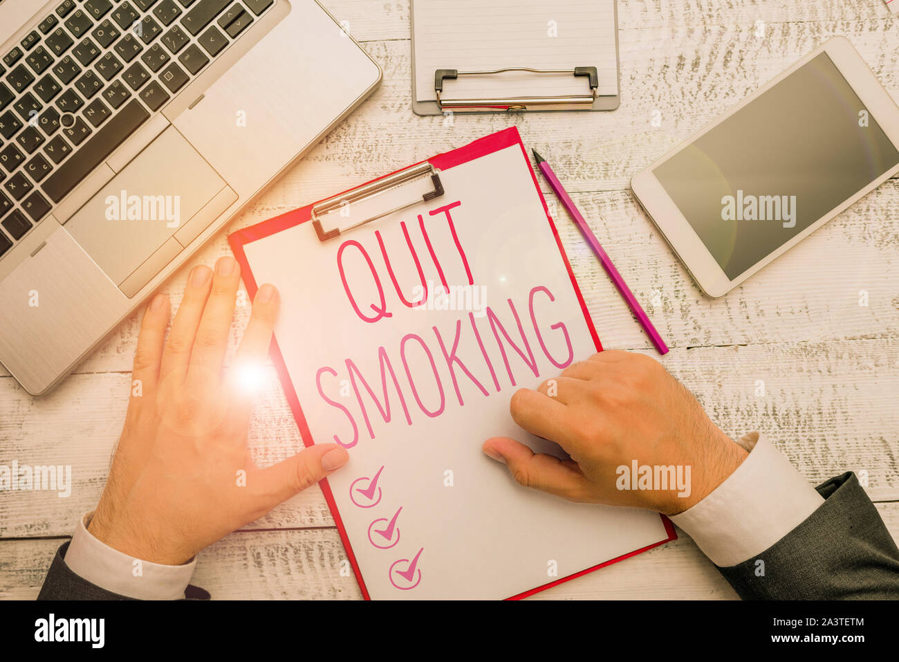 Writing note showing Quit Smoking. Business concept for process of ...