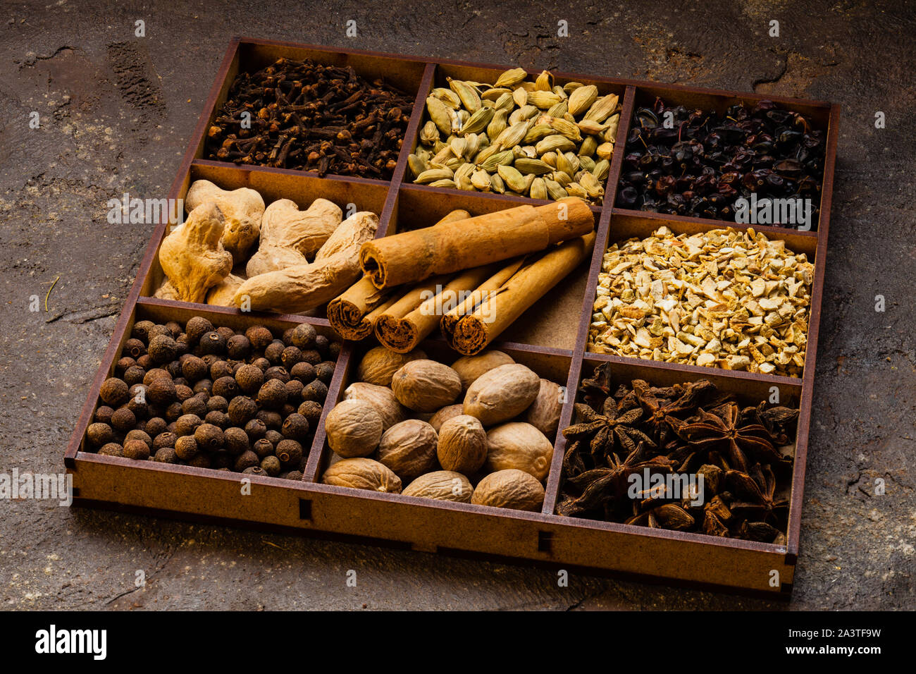 spices, spicy, seasonings for winter in wooden box Stock Photo - Alamy